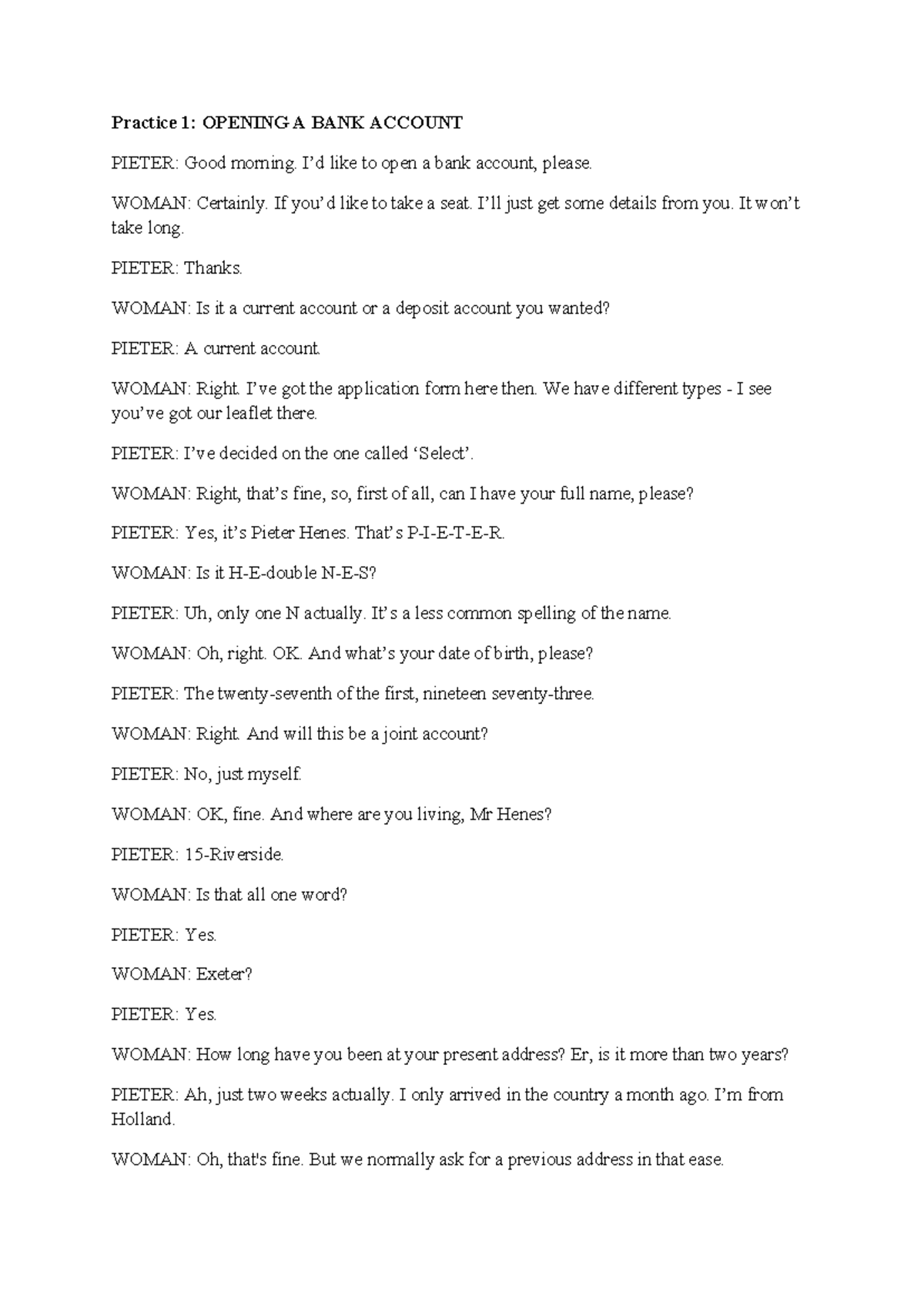 Practice 1: Opening a Bank Account - Audioscript for Pre-L3 - Studocu