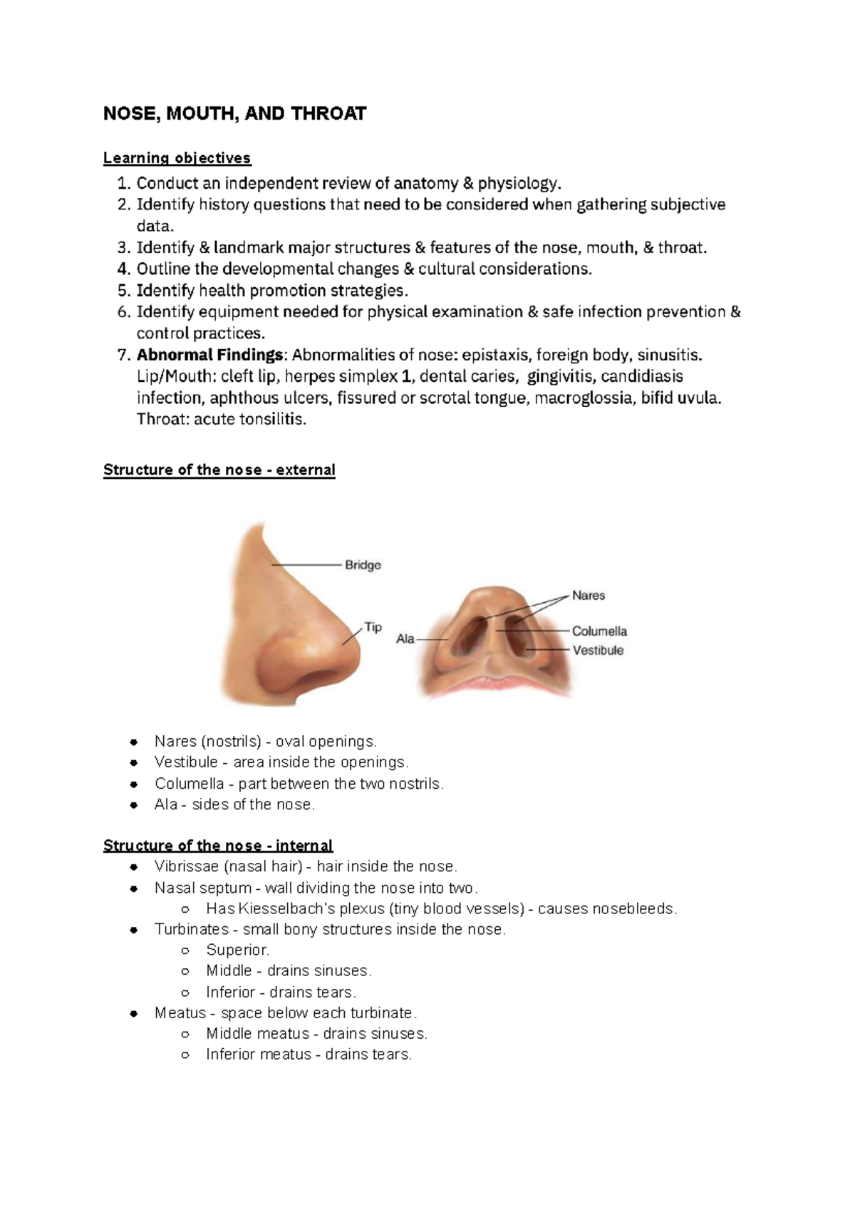 Week 4 - NURS 1543 - class notes - NOSE, MOUTH, AND THROAT Learning ...