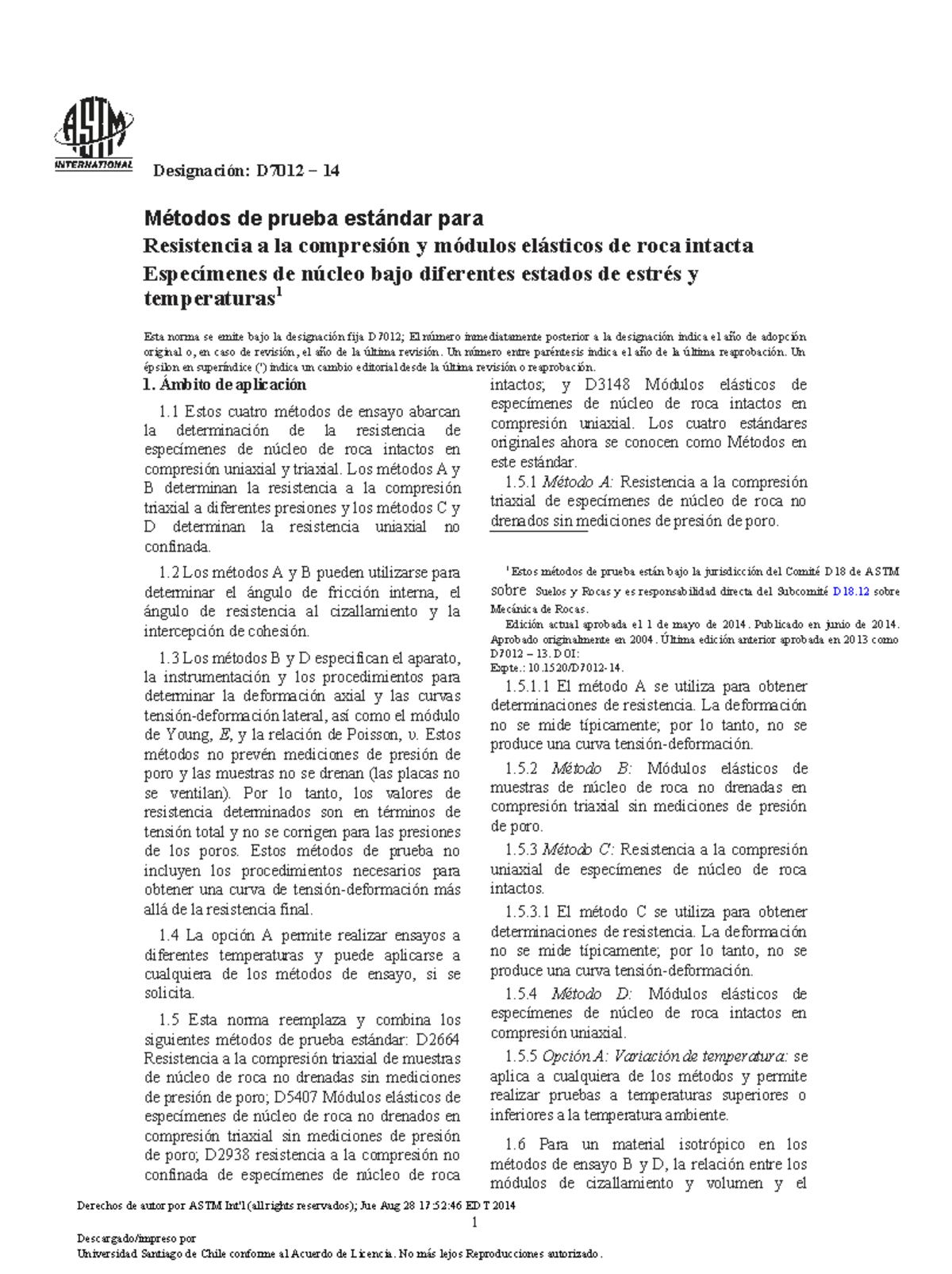 ASTM D7012-14: Ensayos de Compresión y Módulos Elásticos de Rocas - Studocu