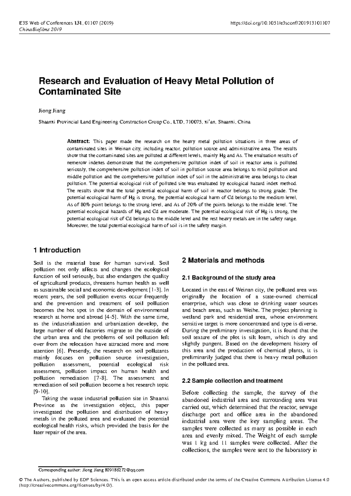 Research and Evaluation of Heavy Metal Pollution in Contaminated Sites ...
