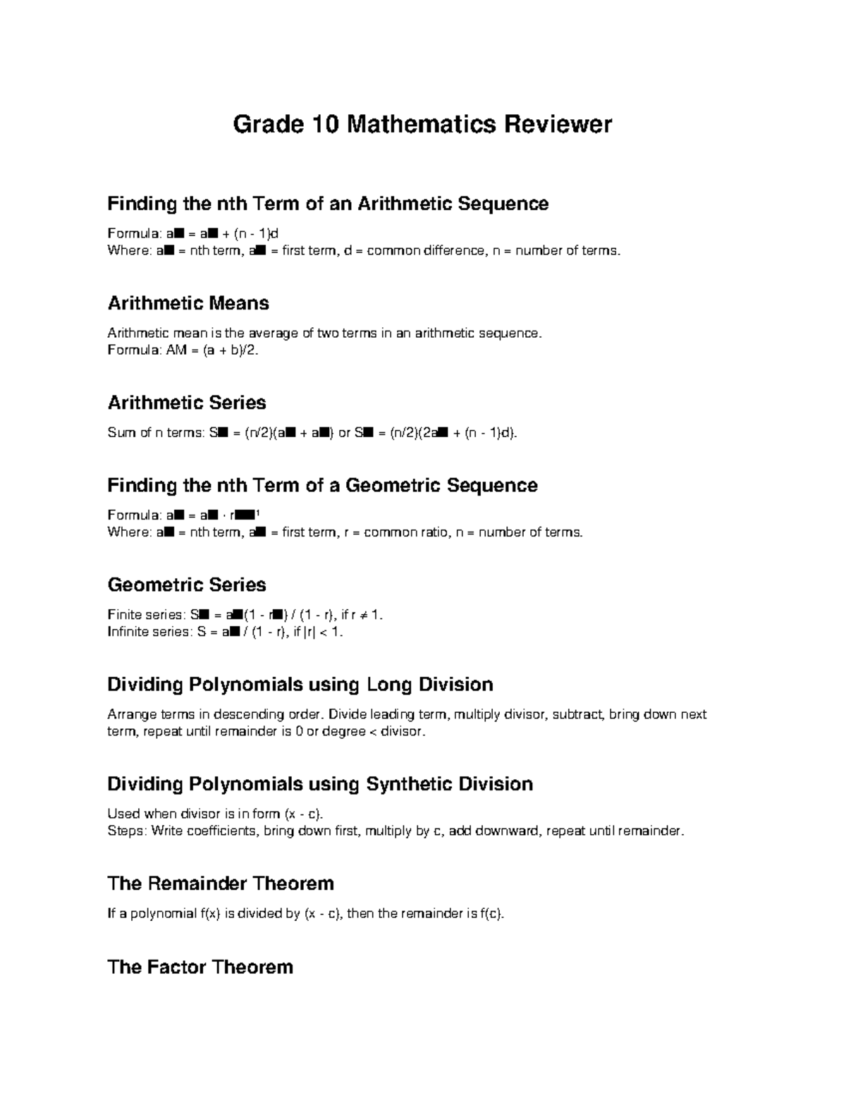 Grade 10 Math Reviewer: Arithmetic & Geometric Sequences - Studocu