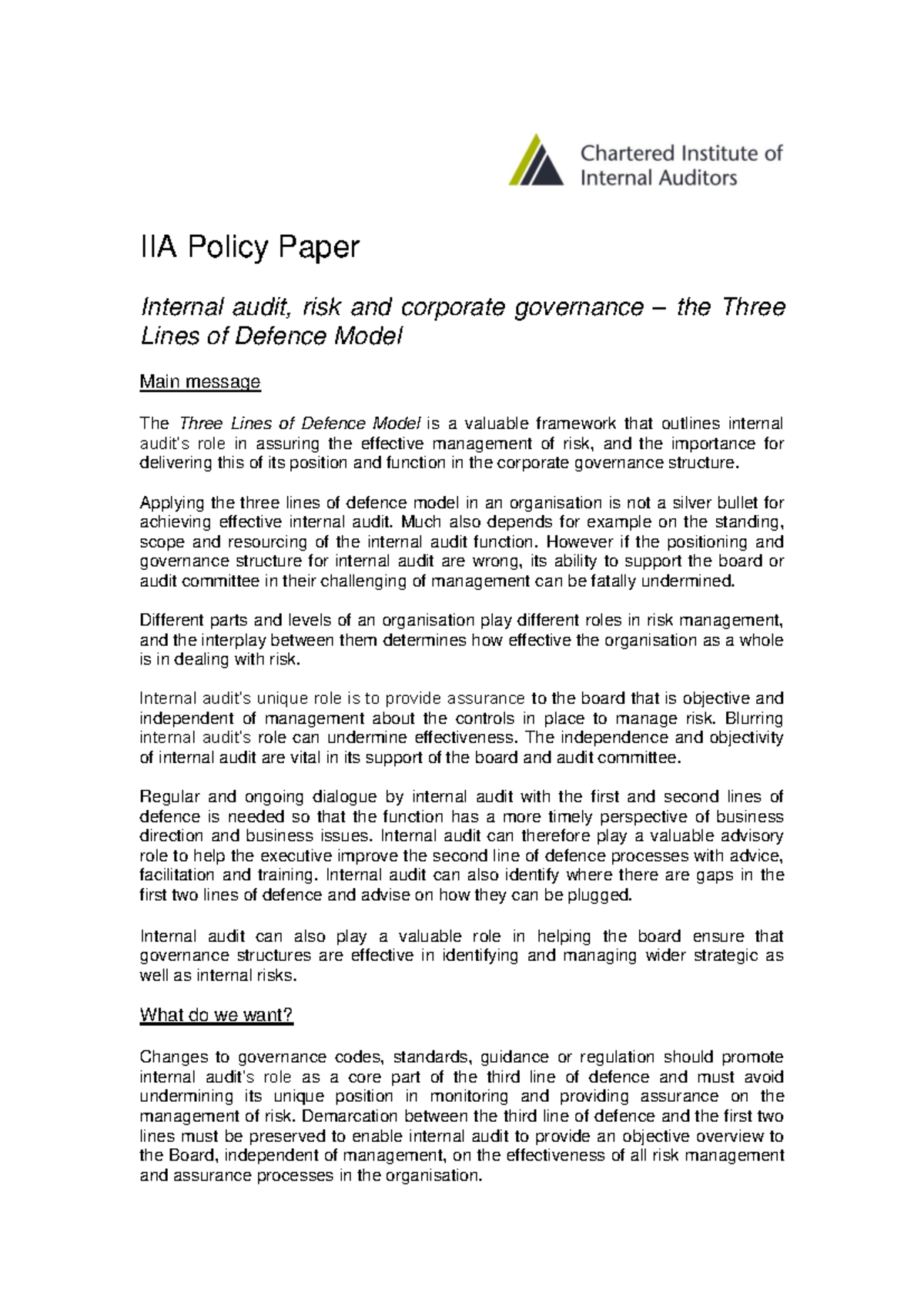 Three lines of defence march 2015 - IIA Policy Paper Internal audit ...