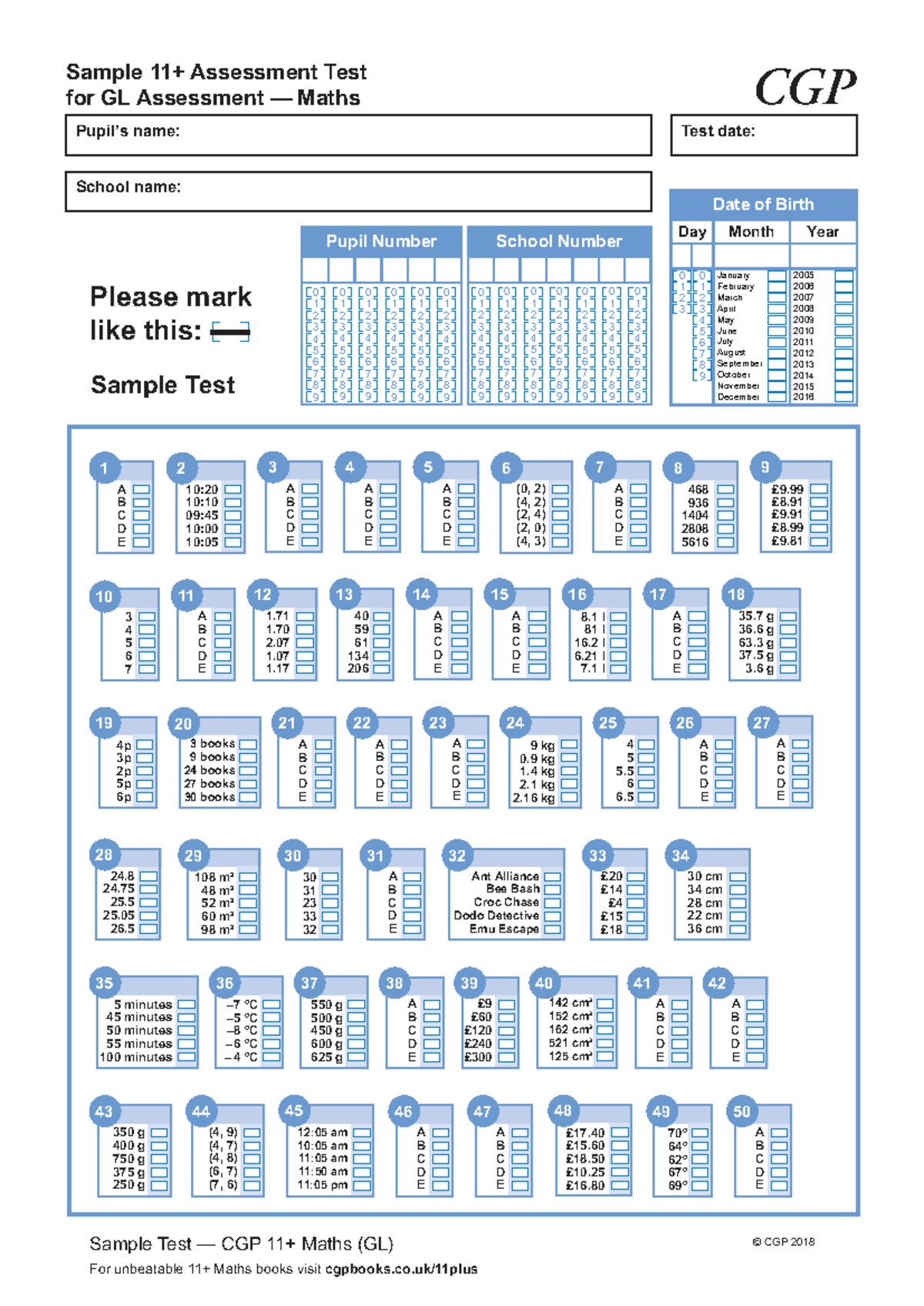 CGP 11+ GL Assessment Maths Sample Test Answer Sheet - Studocu