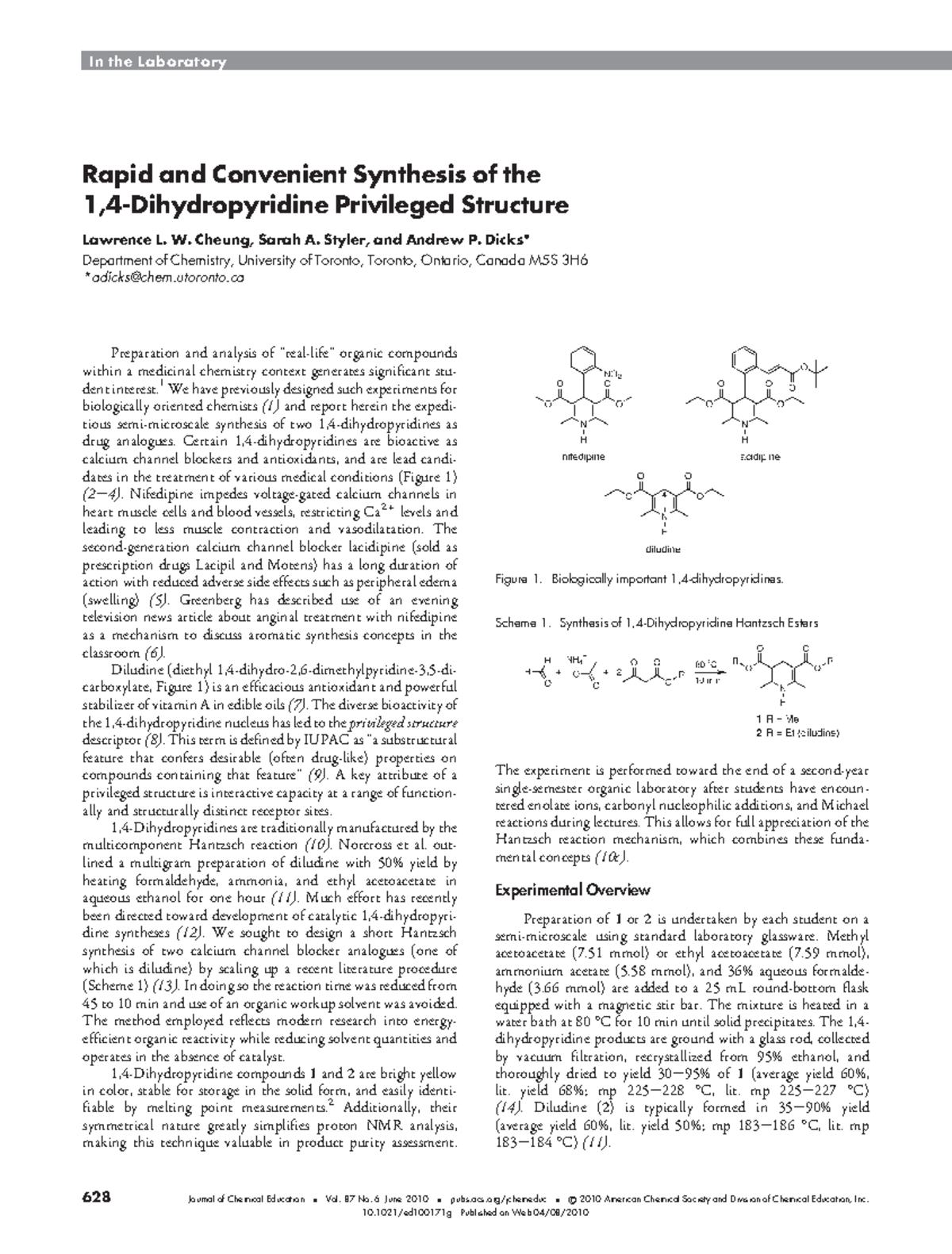 Synthesis of 1,4-Dihydropyridine Derivatives in Organic Chem Lab - Studocu