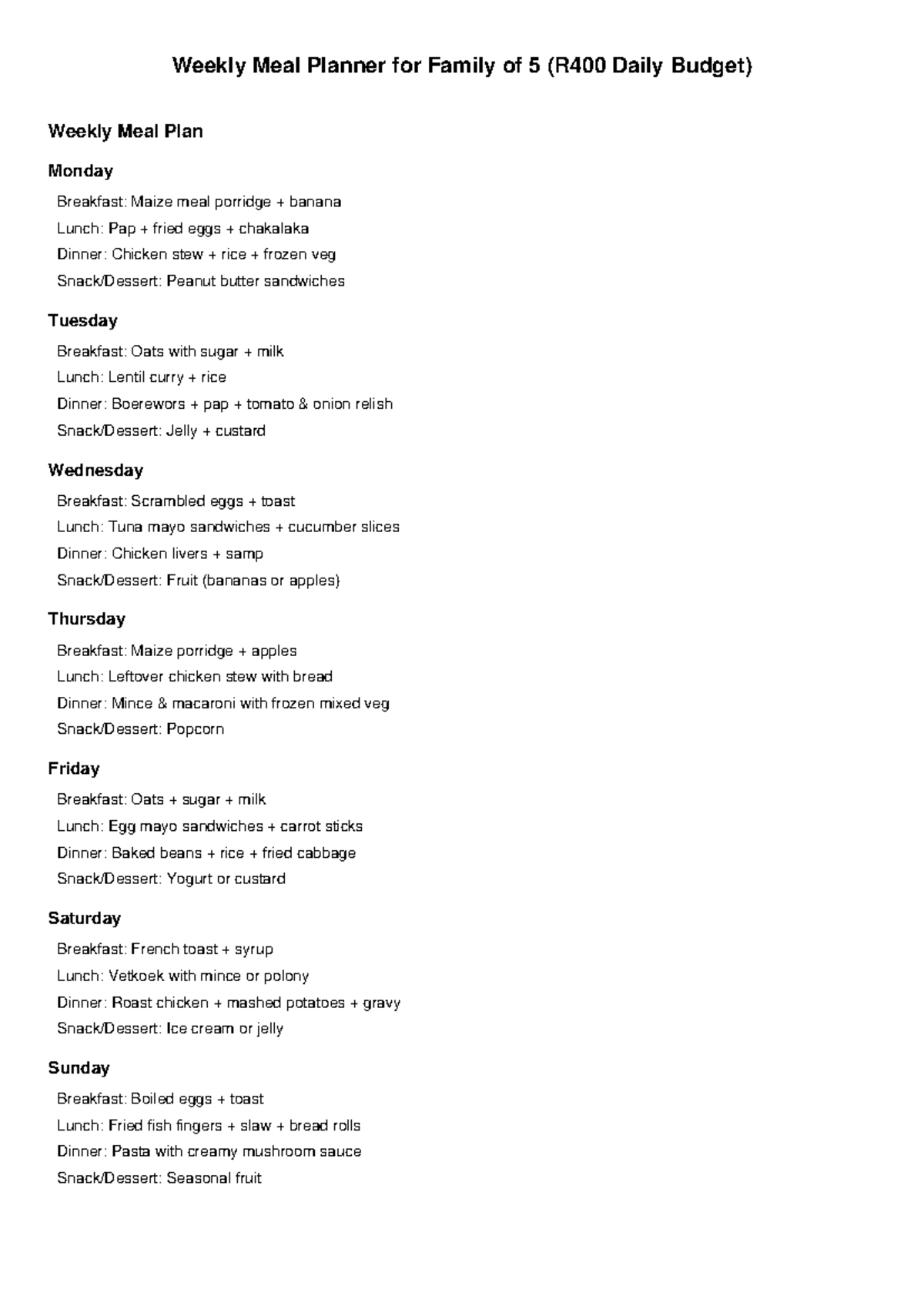 Weekly Meal Plan for Family of 5 (R400 Budget) - Studocu