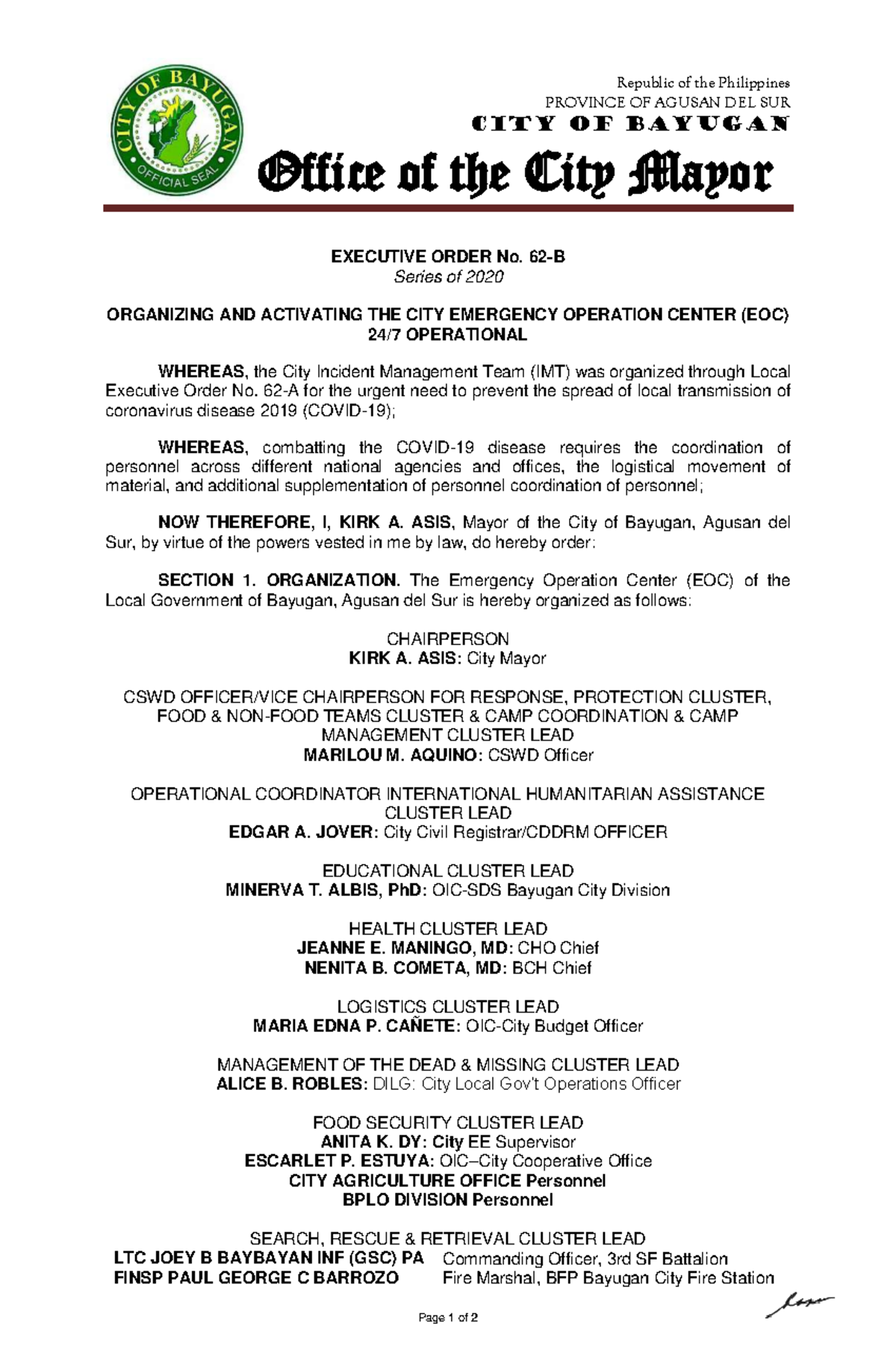 EO 62B Activation of EOC - Page 1 of 2 Republic of the Philippines ...