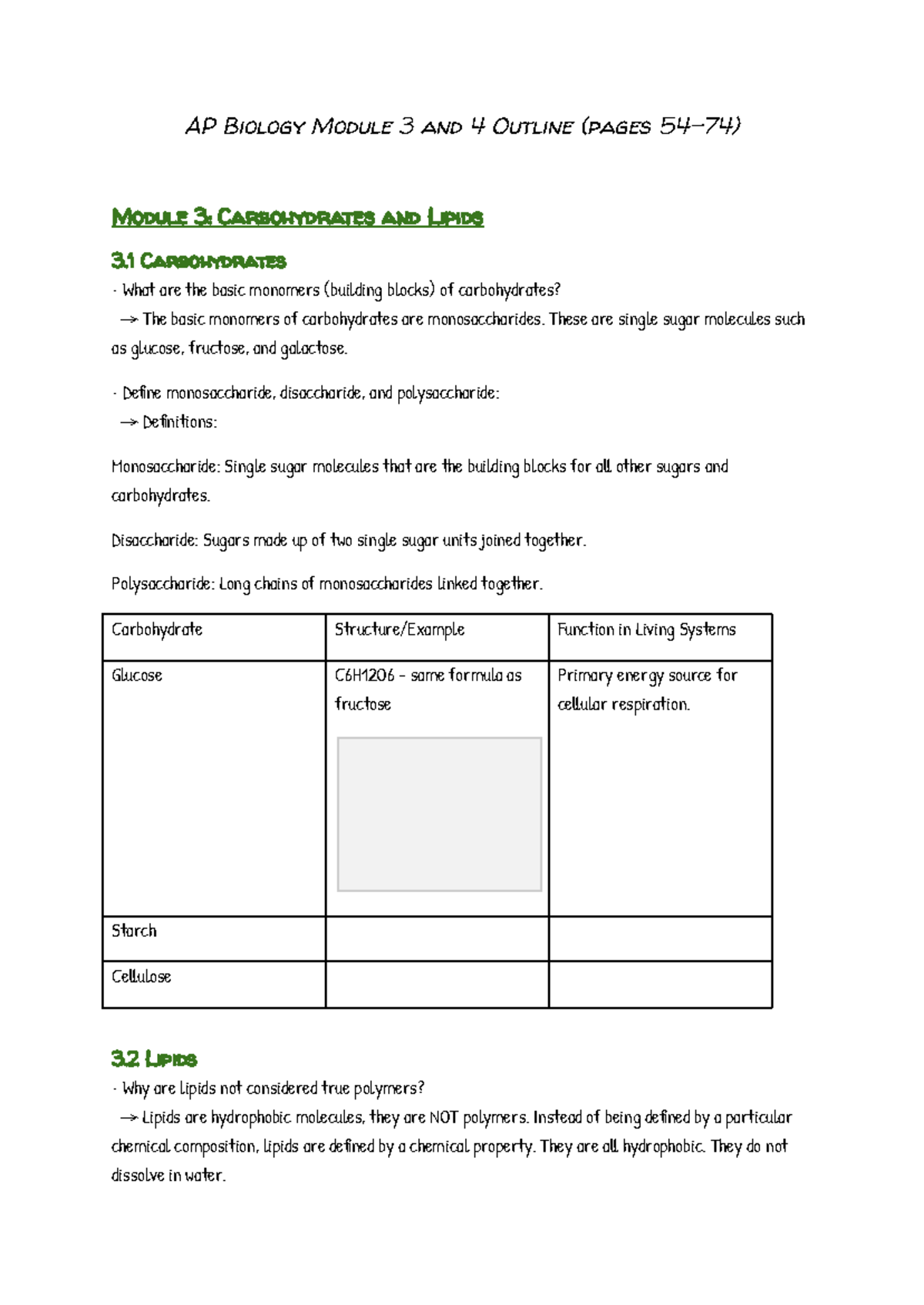 AP Biology Modules 3 & 4 Outline: Carbs, Lipids, & Proteins - Studocu