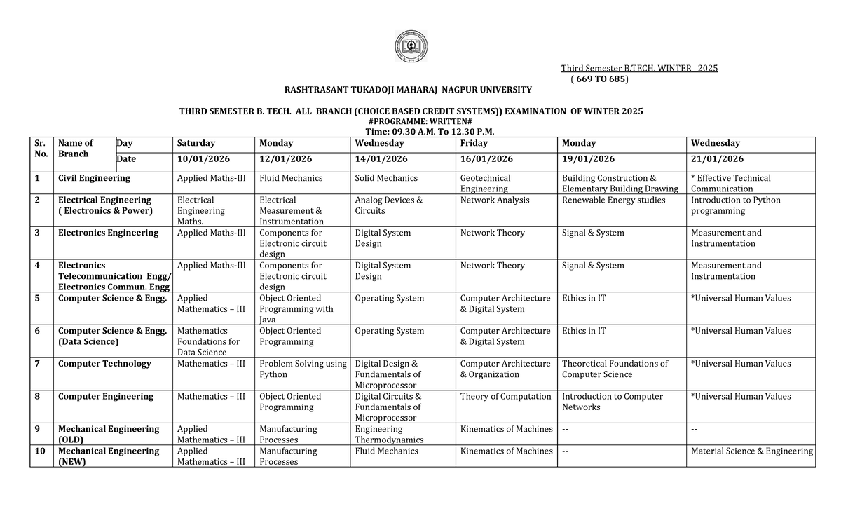 B.Tech 3rd Sem Winter 2025 Exam Schedule (CBCS) - Studocu