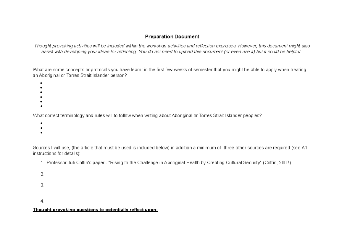 Preparation for Critical Reflection - Preparation Document Thought ...