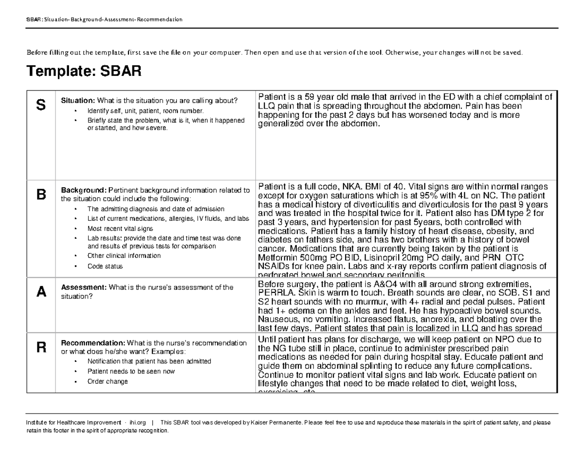 SBAR Tool Template for Diverticulitis Management - Studocu