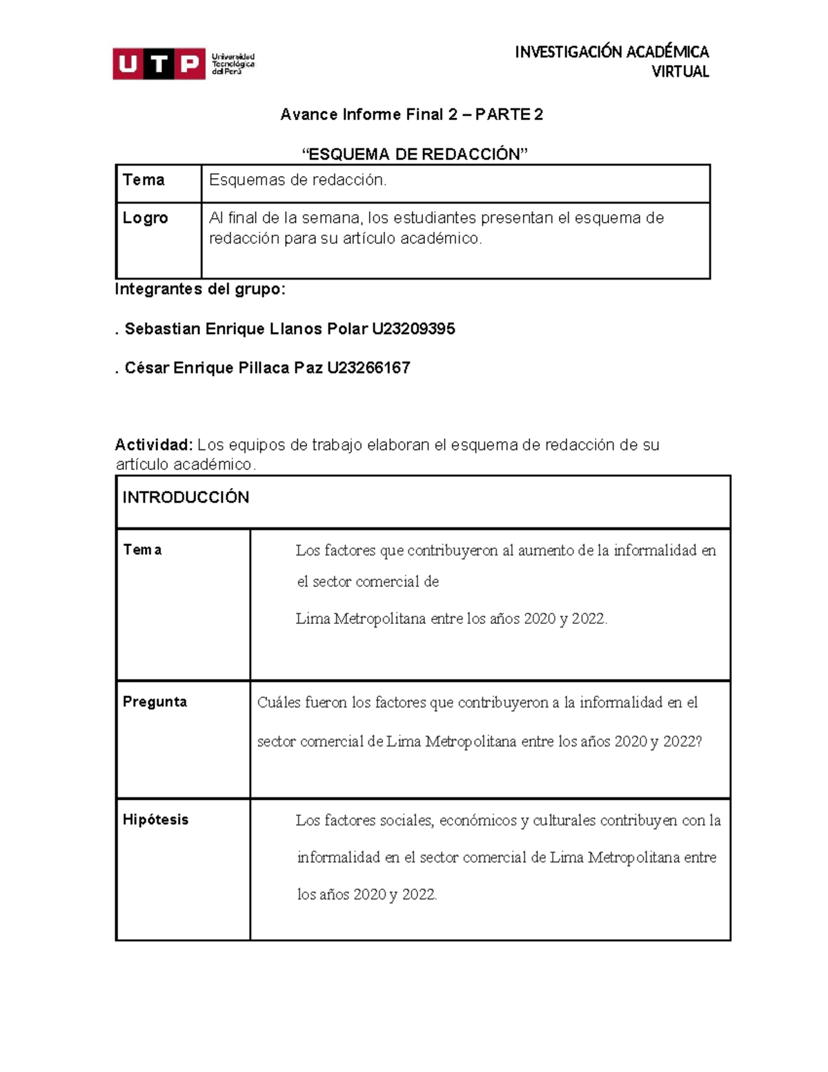 Informe Final 2: Esquemas de Redacción sobre Informalidad en Lima - Studocu