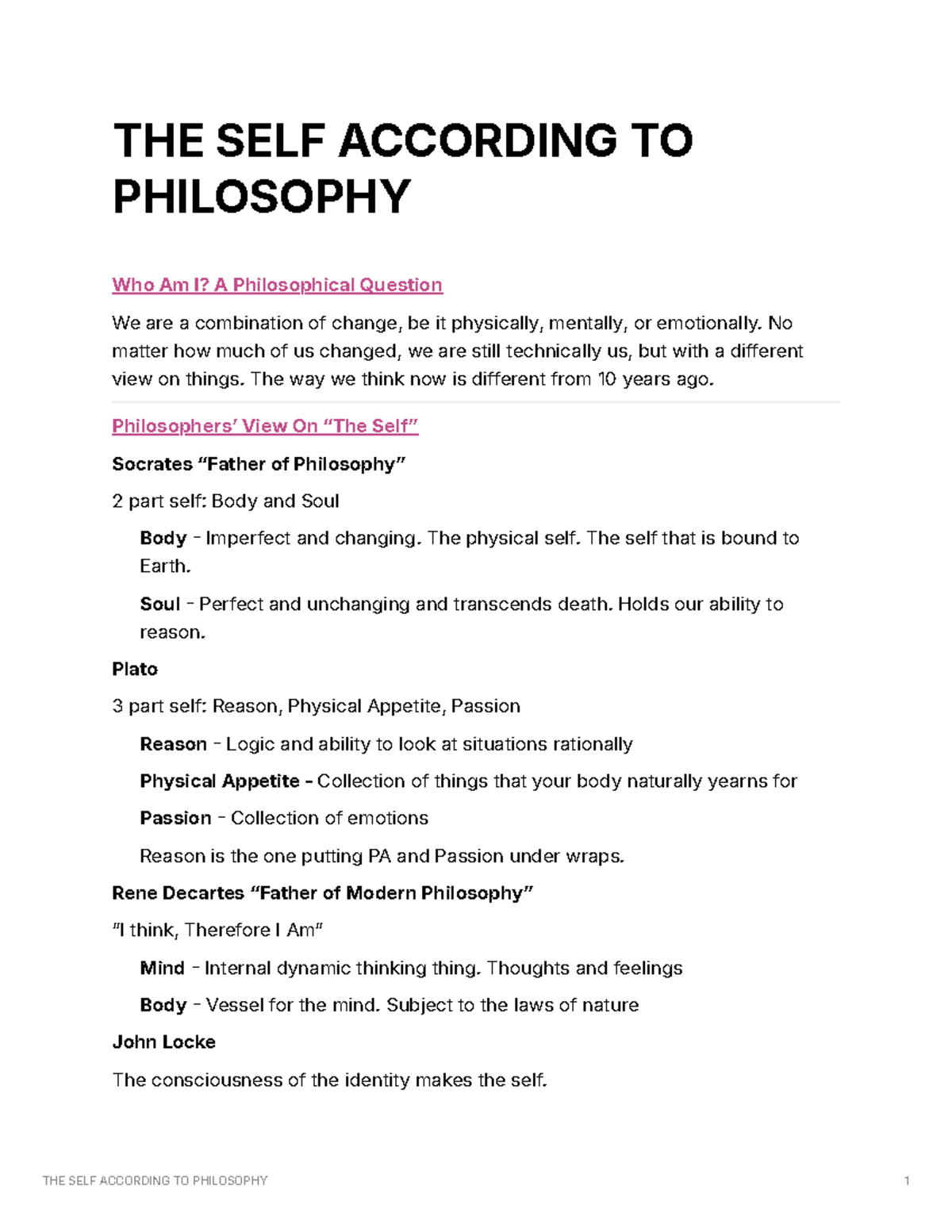 THE SELF According TO Philosophy - THE SELF ACCORDING TO PHILOSOPHY Who ...