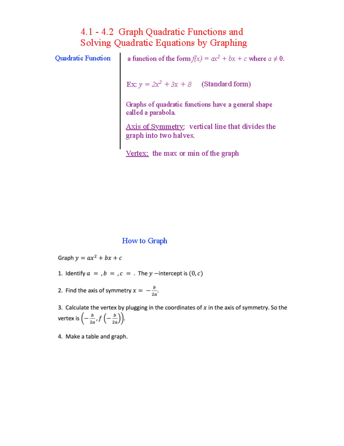 Chapter 4: Graphing Quadratic Functions & Solving Equations (MATH I ...