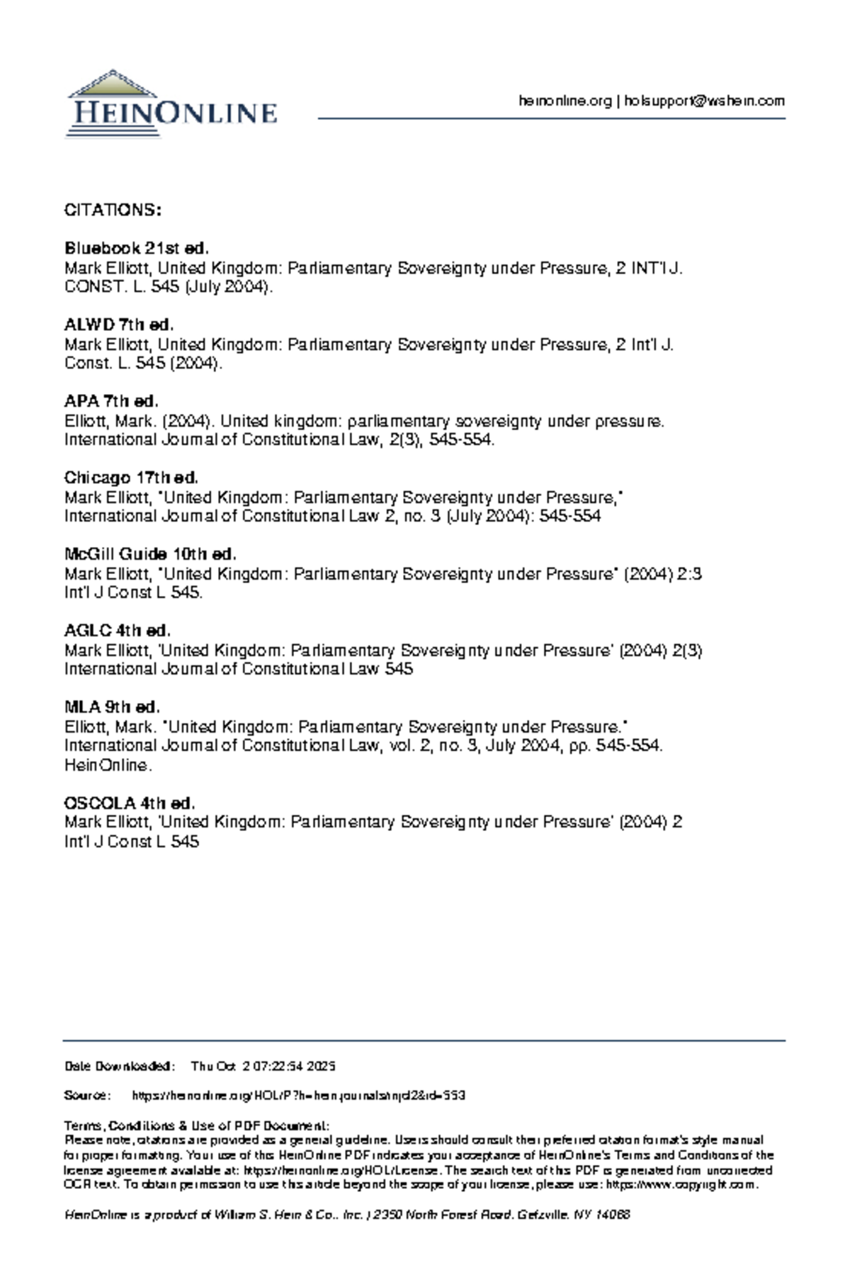UK Parliamentary Sovereignty Under Pressure: Citation Styles Guide ...
