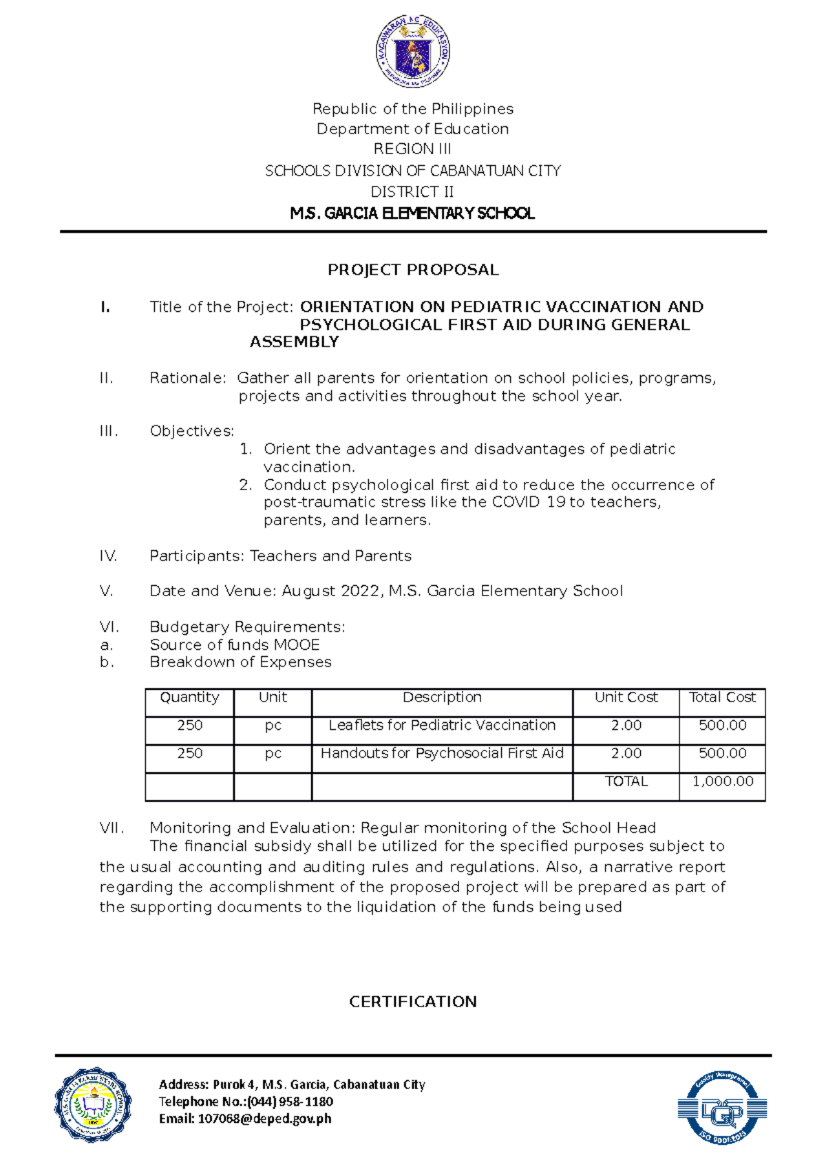 Project Proposal: Pediatric Vaccination & Psychological First Aid - Studocu