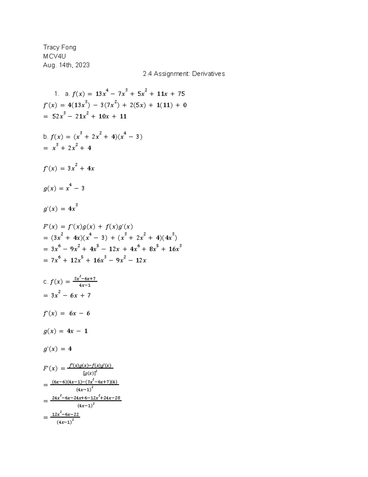 MCV4U 2.4 Assignment: Understanding Derivatives and Their Applications ...