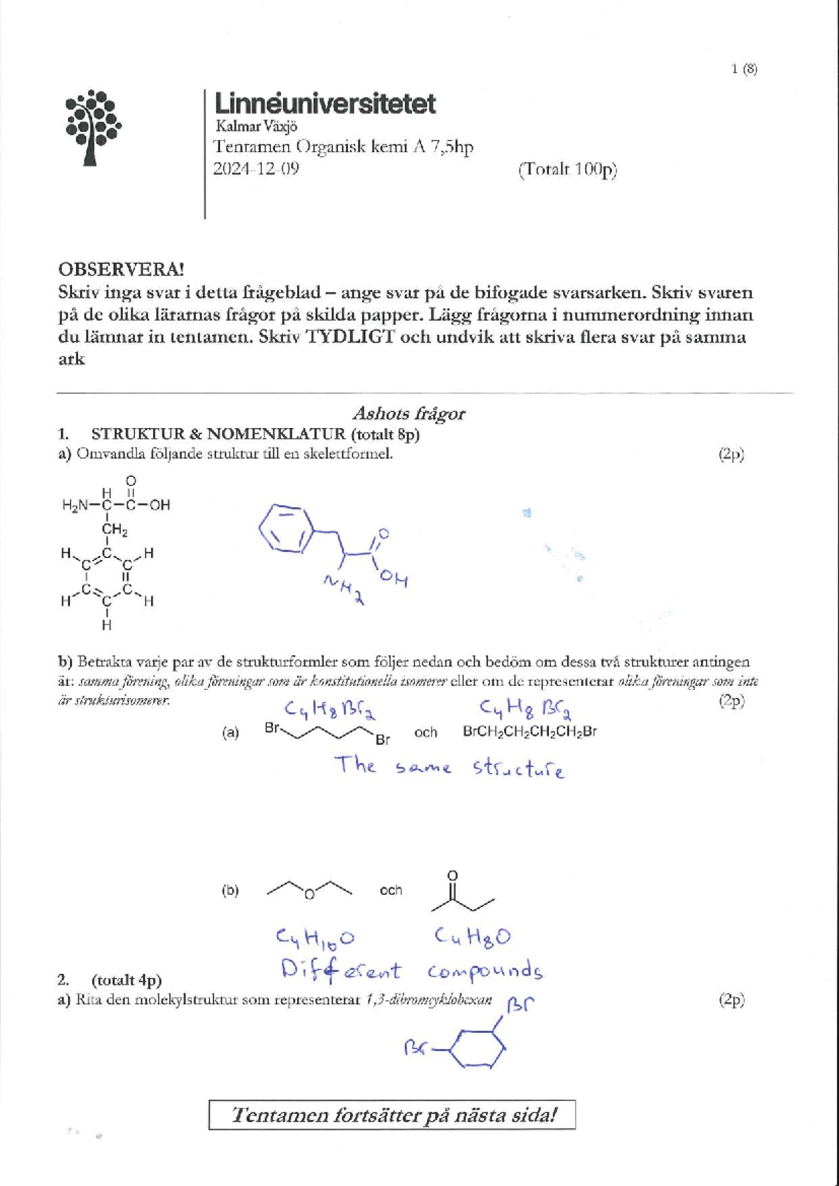 241209 Final Exam 1KE010 Organic Chemistry A Answers - Studocu