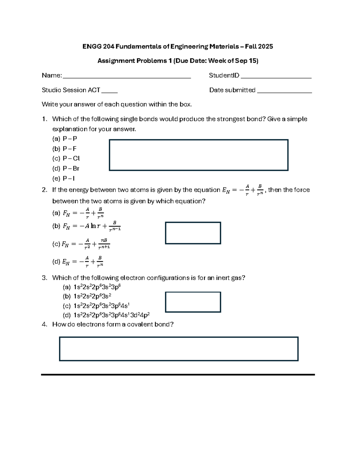ENGG 204 Assignment Problems 1 - Fundamentals of Engineering Materials ...