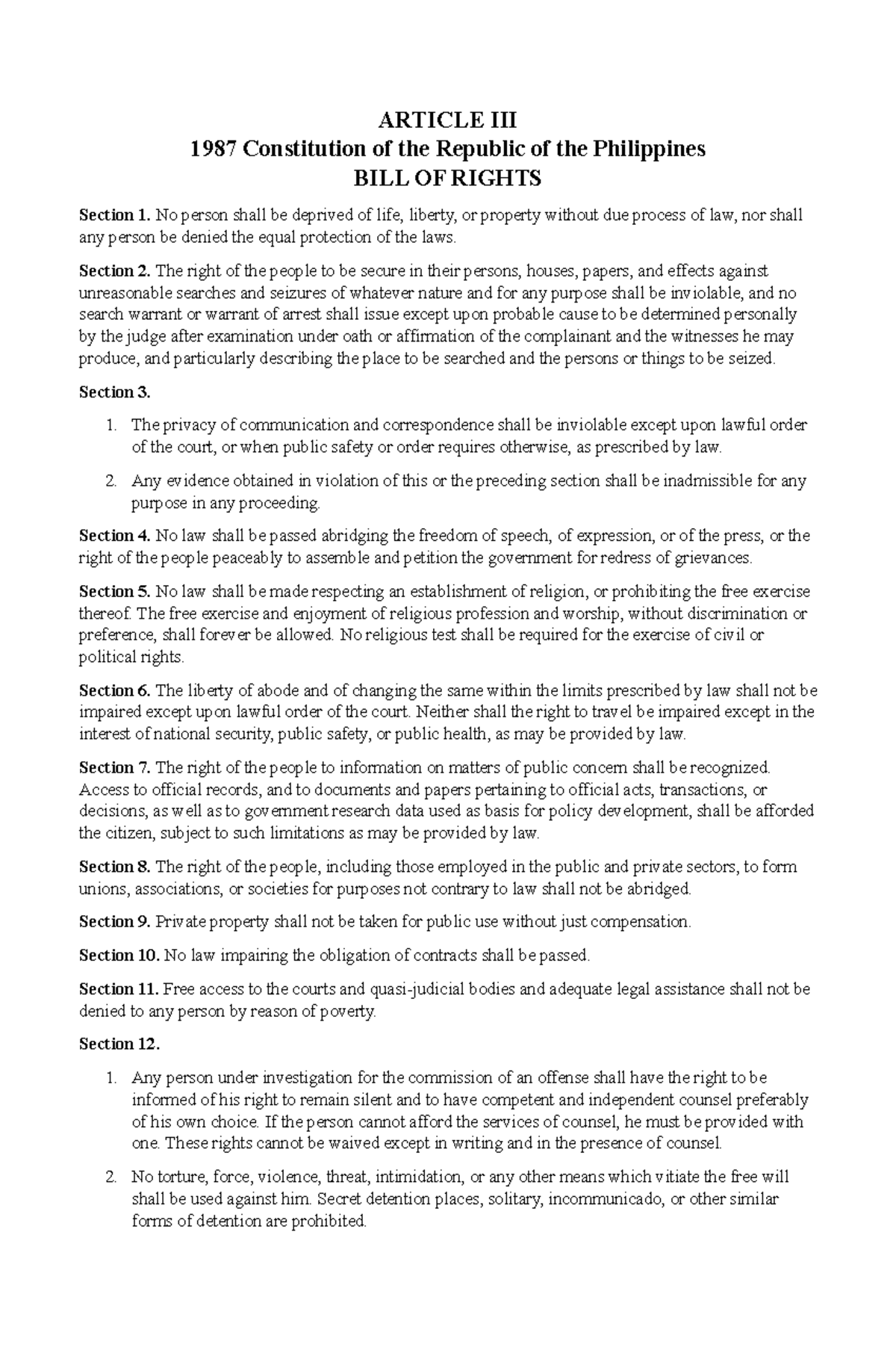 Bill-of-Rights - Bill of Rights - ARTICLE III 1987 Constitution of the Republic of the ...
