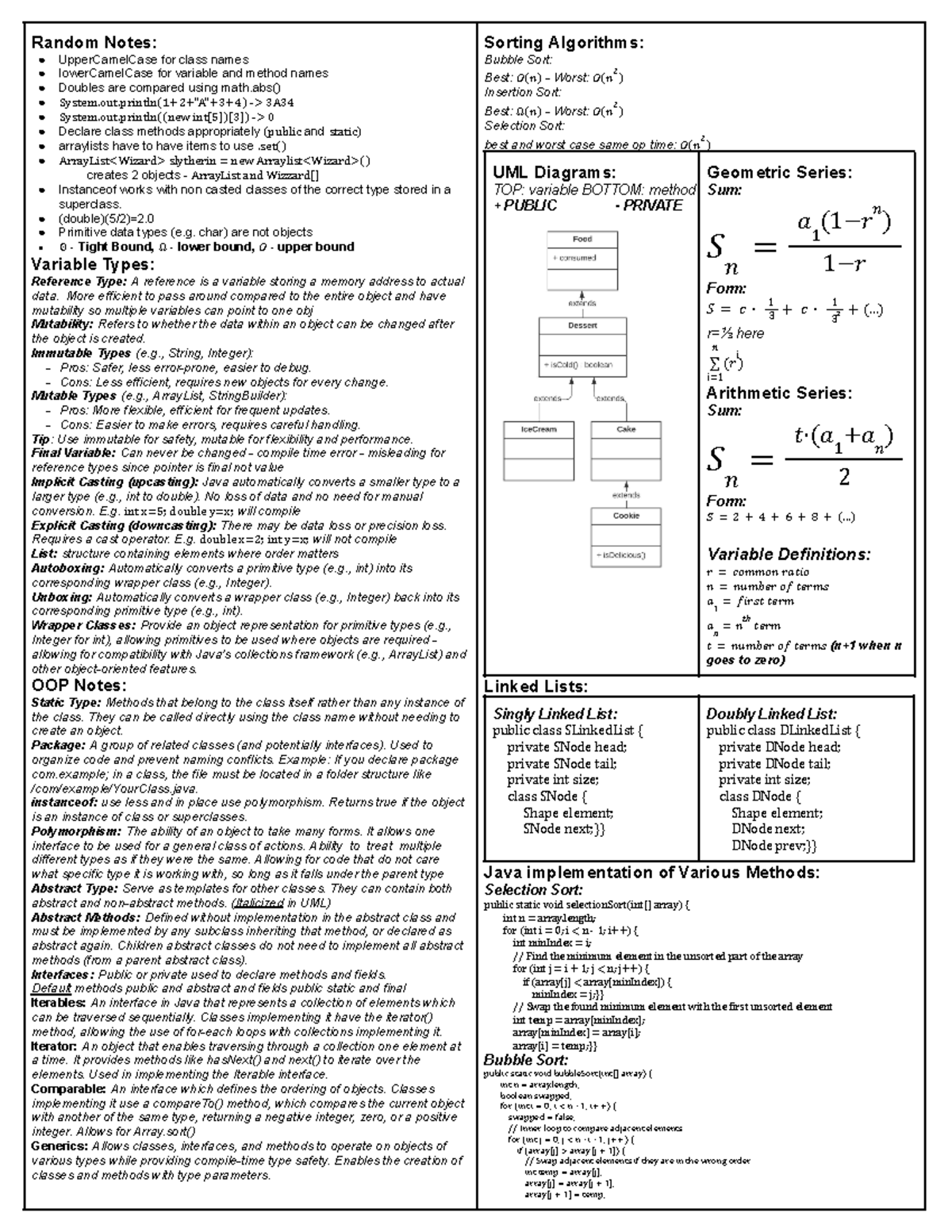 COMP250 Java Programming Final Exam Cheat Sheet - Studocu