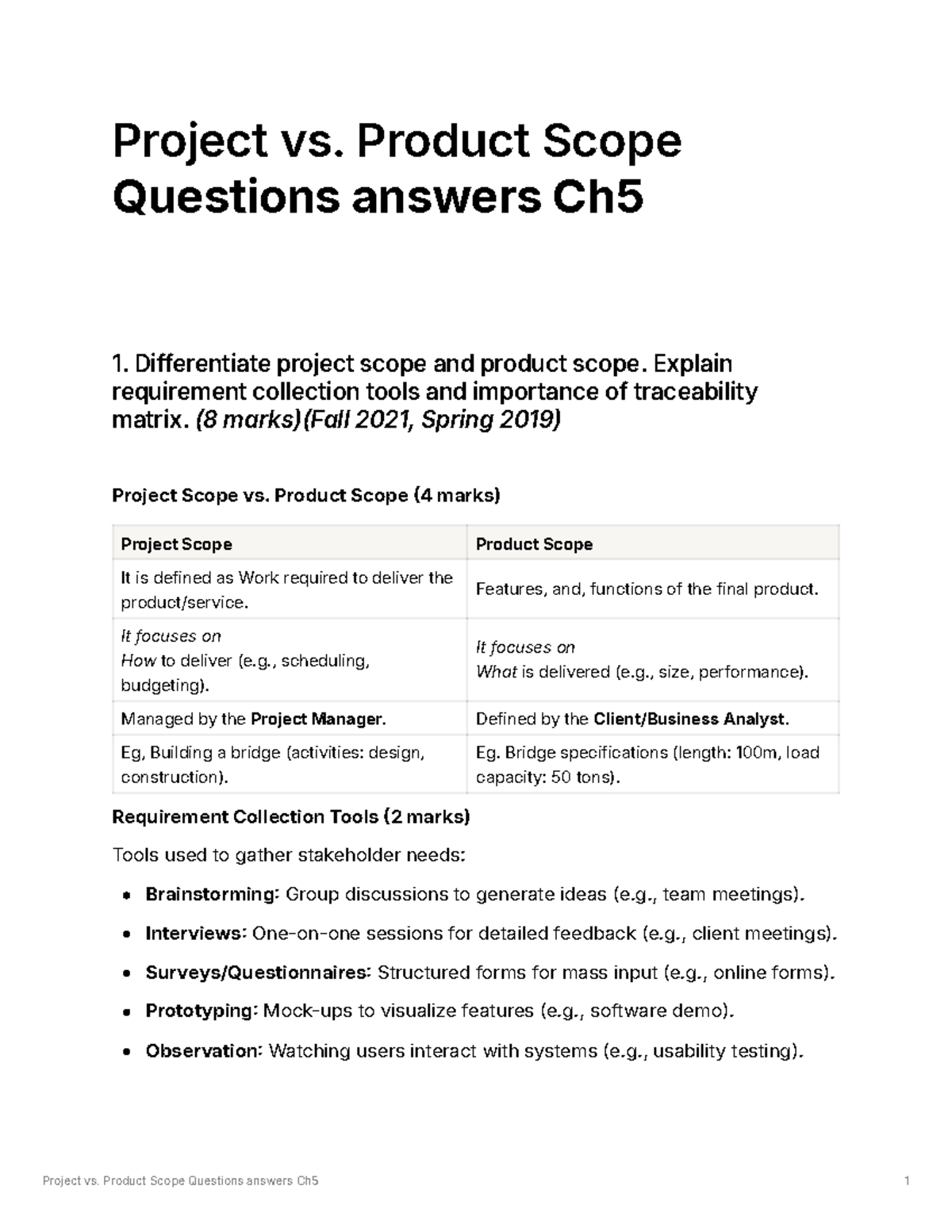 Project Scope Management Questions & Answers Ch5 (Fall 2021, Spring ...