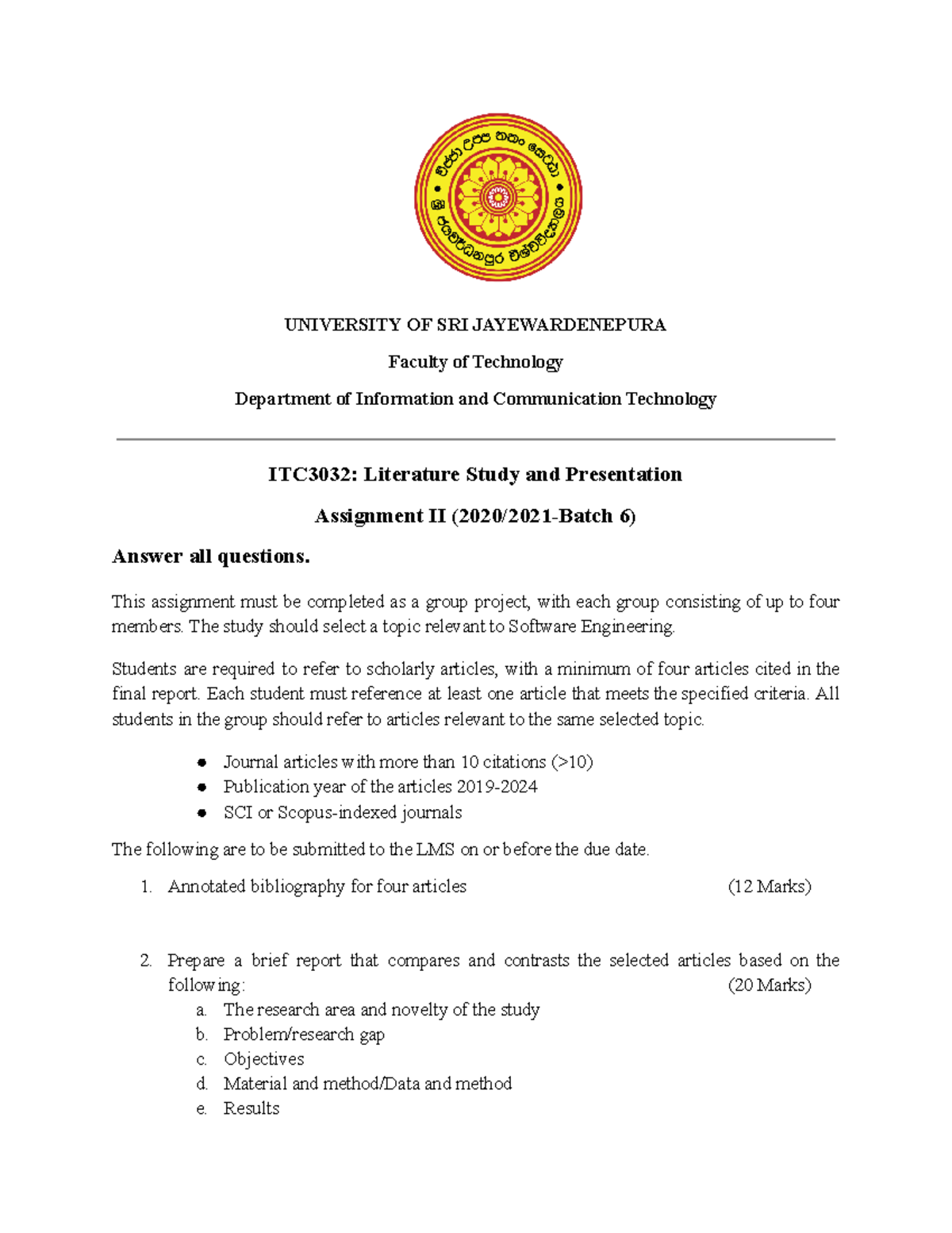 ITC3032: Literature Study & Presentation Assignment II Guide - Studocu