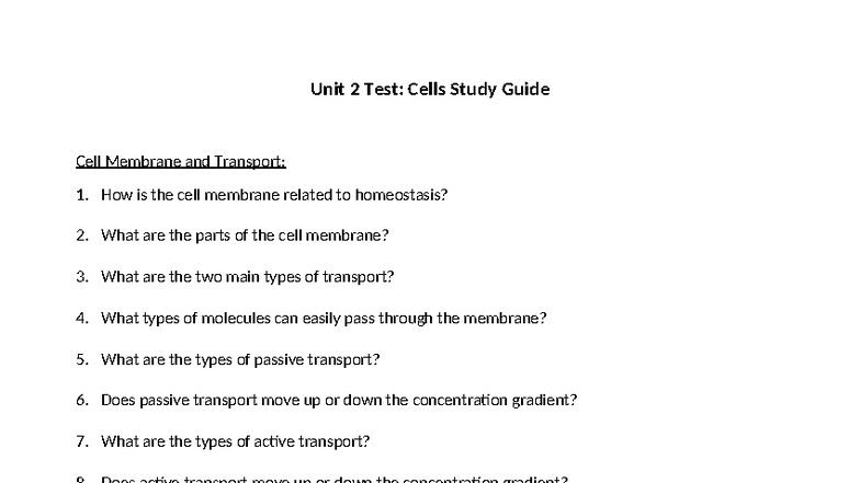 Unit 2 Test: Cells Study Guide on Membrane & Transport - Studocu