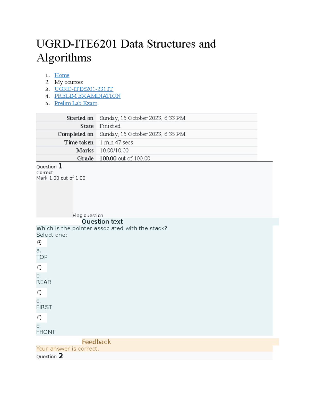 Data Structures And Algorithms Lab Prelim Answers Ugrd Ite6201 Data Structures And Algorithms