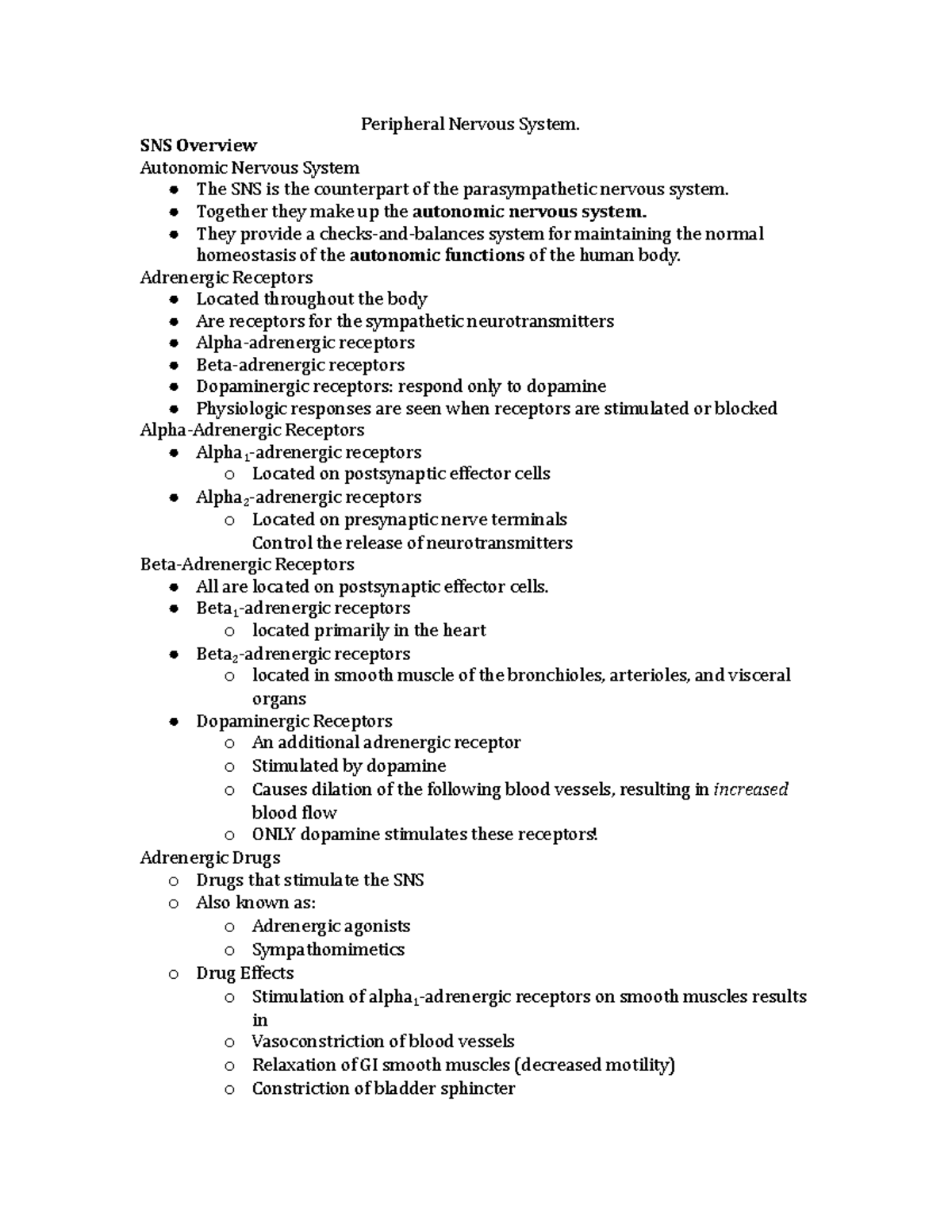 Pharmacology Nursing Peripheral Nervous System Handout - Peripheral ...