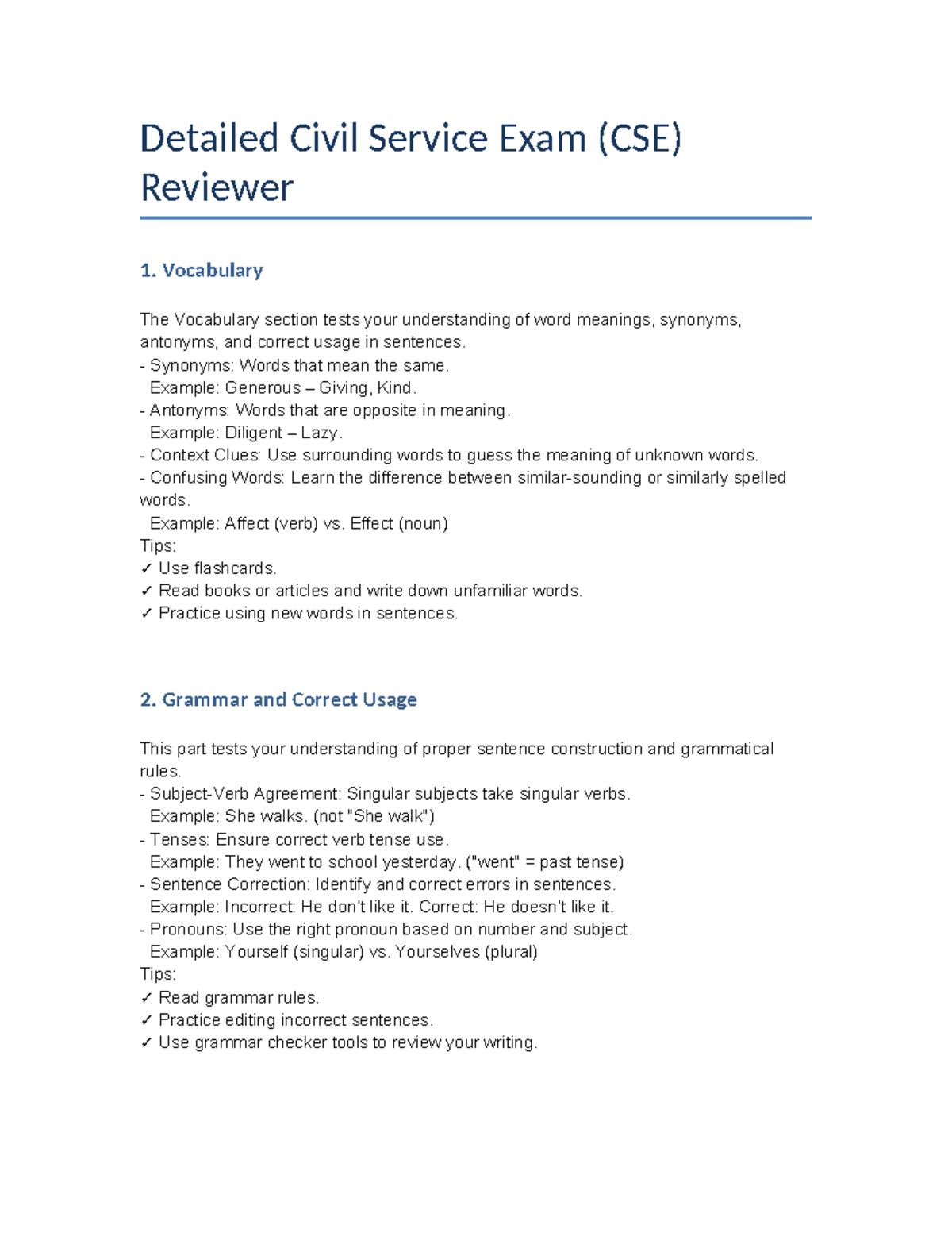Comprehensive CSE Reviewer: Vocabulary, Grammar, Math & Logic - Studocu