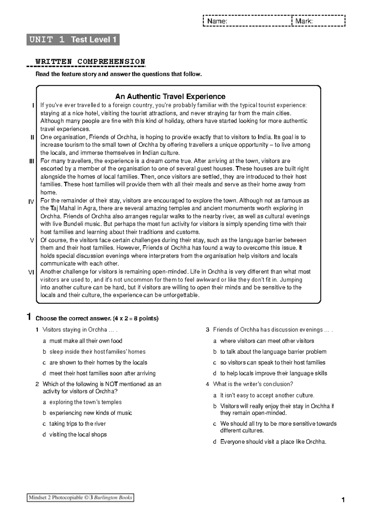 Mindset 2: Unit 1 Test - Written Comprehension on Authentic Travel ...