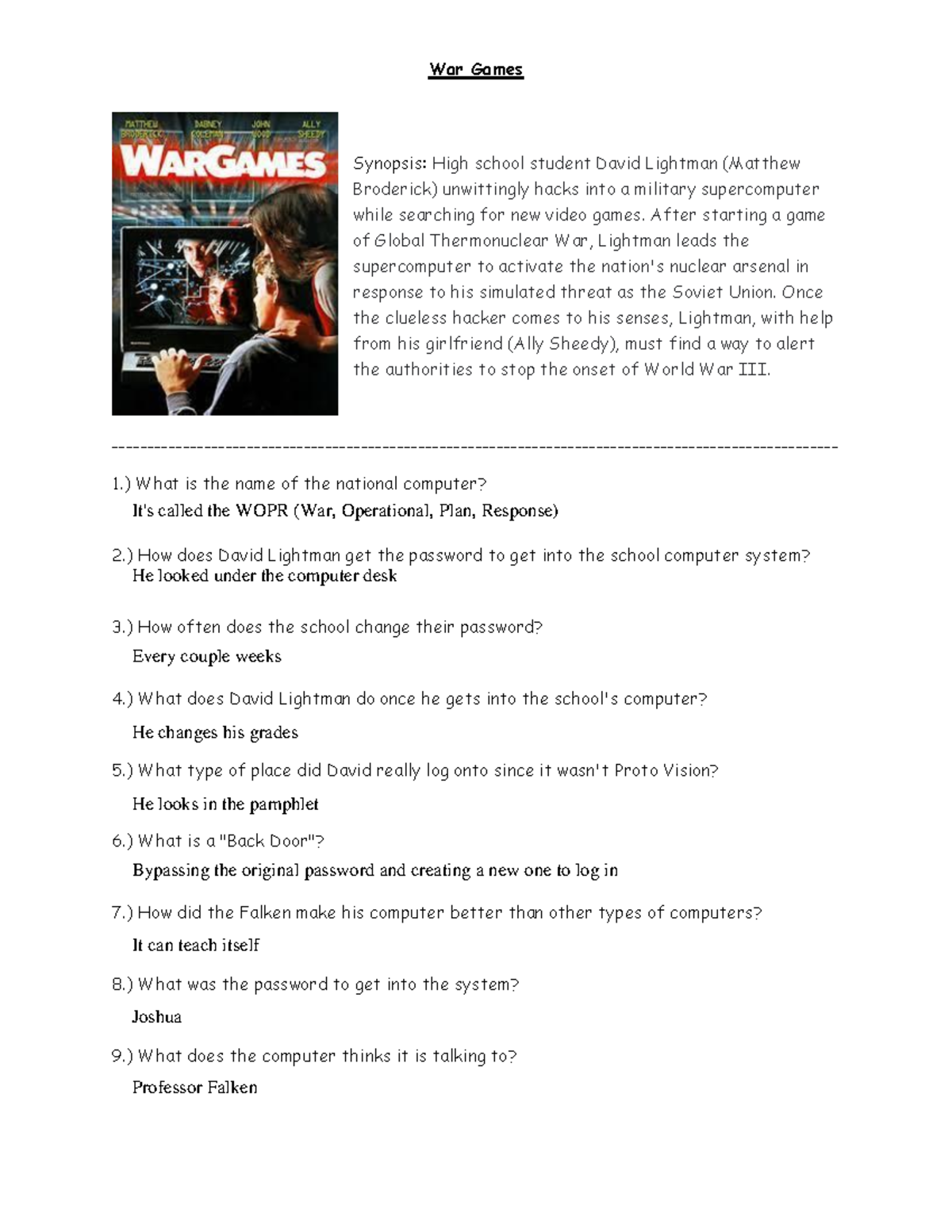 War Games - I just did this so I can get an assignment - War Games ...