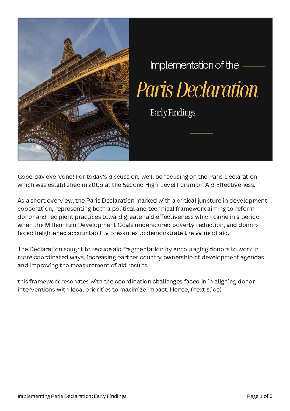 Implementation of the Paris Declaration: Early Findings on Aid ...