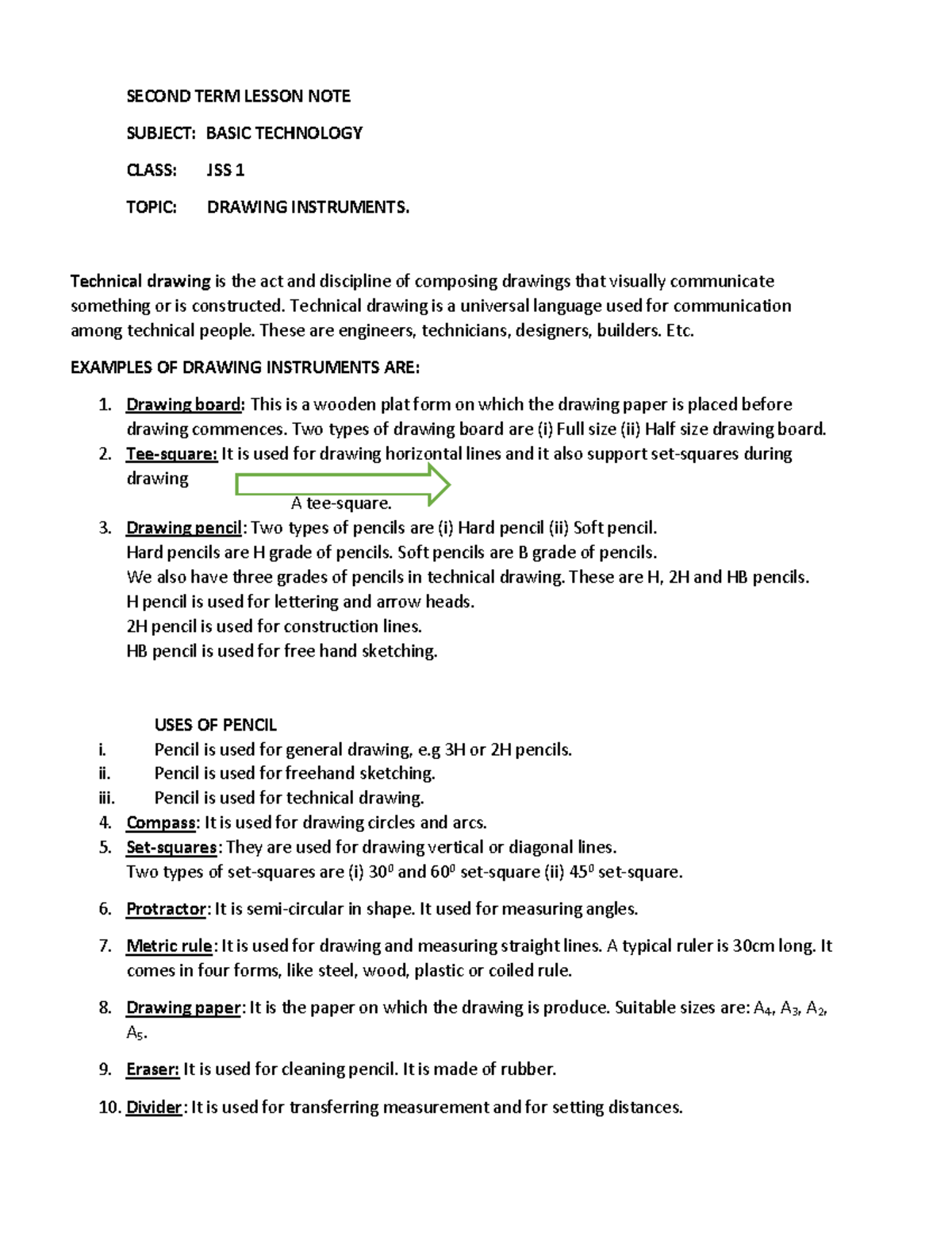 JSS 1 Basic Technology Lesson Note: Drawing Instruments - Studocu