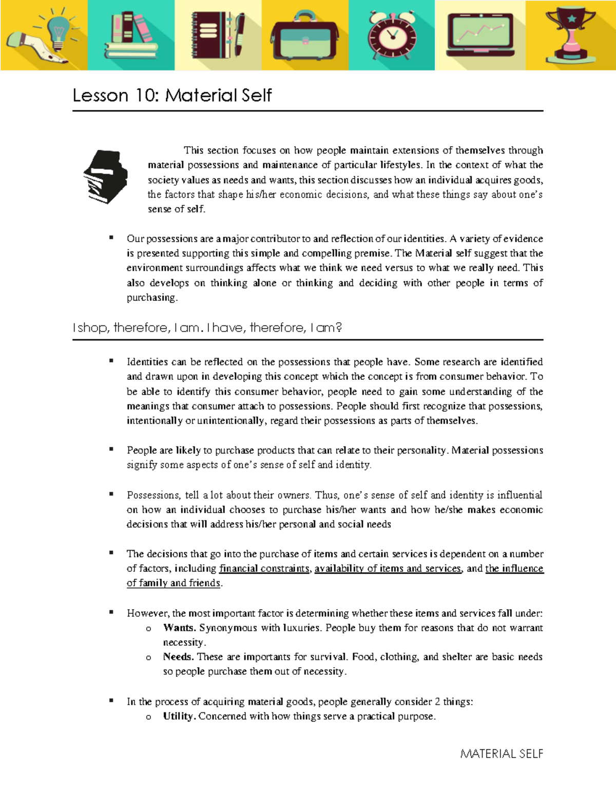 Lesson 10: Understanding the Material Self and Identity - Studocu