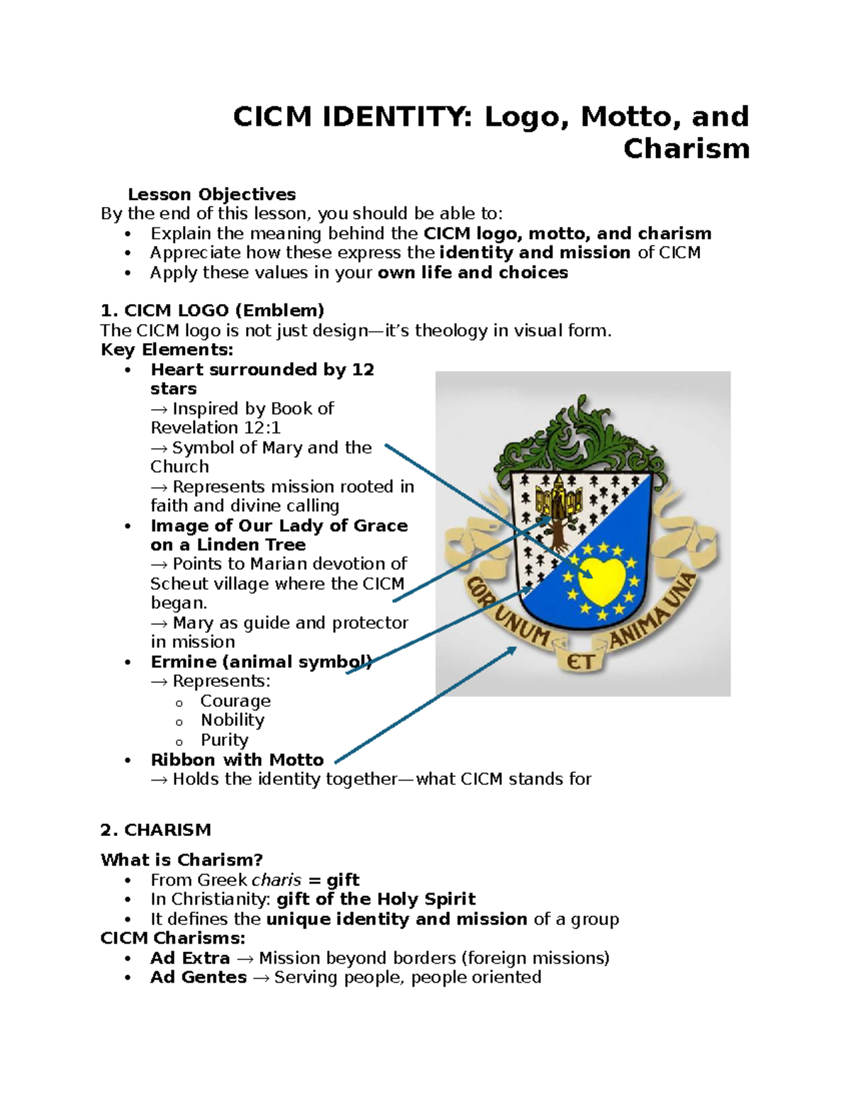 CICM Lesson: Understanding Logo, Motto, and Charism - Studocu