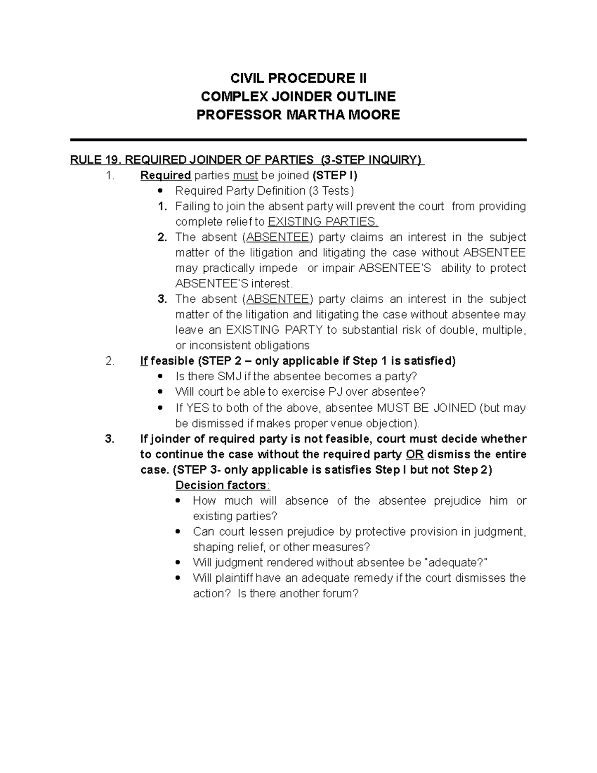 Civil Procedure II. Complex Joinder Outline - CIVIL PROCEDURE II ...