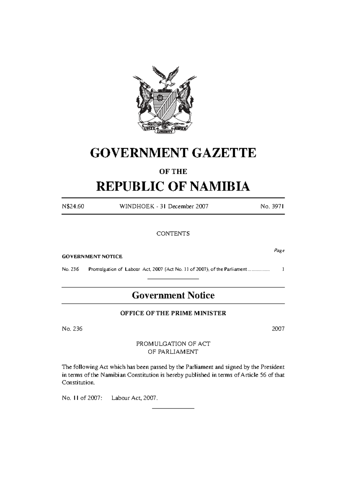 Labour Act, 2007 - Government Gazette No. 3971 (31 Dec 2007) - Studocu