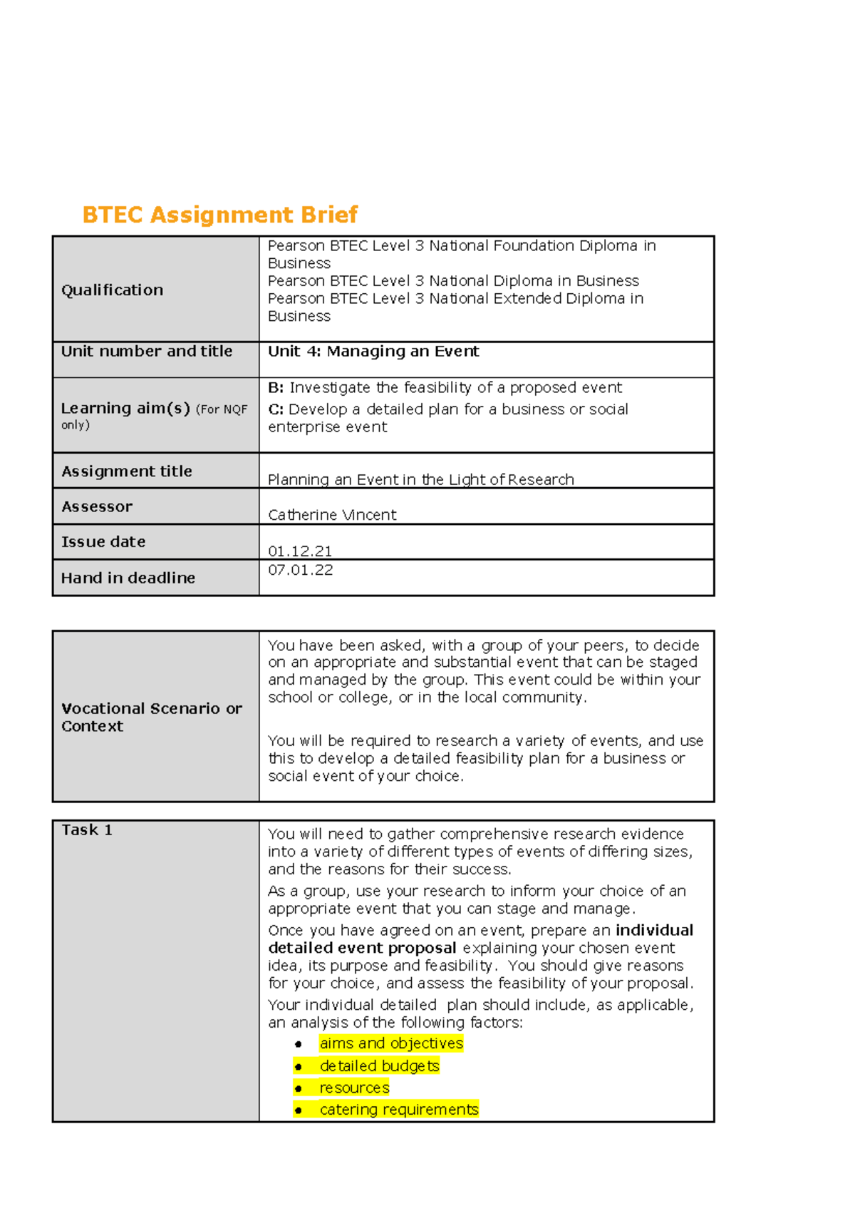 BTEC Level 3 Unit 4: Managing Events - Planning an Event Assignment ...