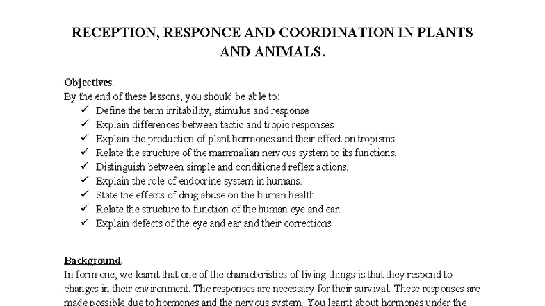 Response and Coordination in Plants and Animals: A Comprehensive Study - Studocu
