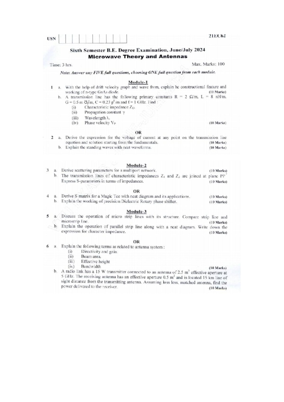 21EC62 MTA Sixth Semester Exam 2024: Microwave Theory & Antennas - Studocu