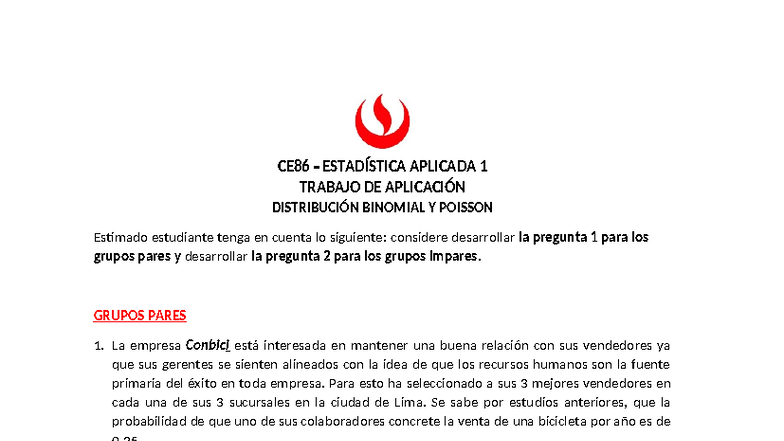 CE86 ESTADÍSTICA APLICADA 1: Caso de Estudio sobre Distribuciones Discretas - Studocu