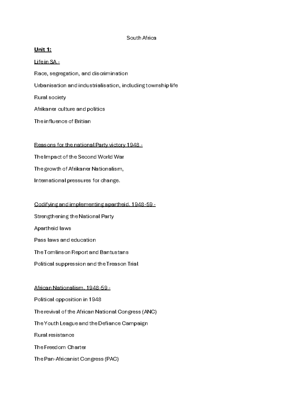 South Africa History Overview: Unit 1-4 & Key Themes - Studocu