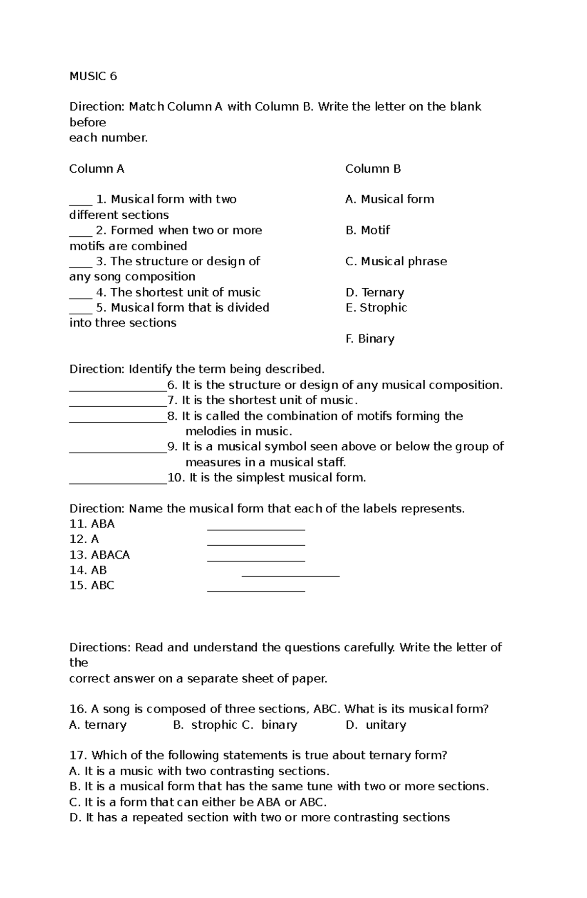 MUSIC 6 Quiz: Musical Forms and Dynamics Concepts - Studocu