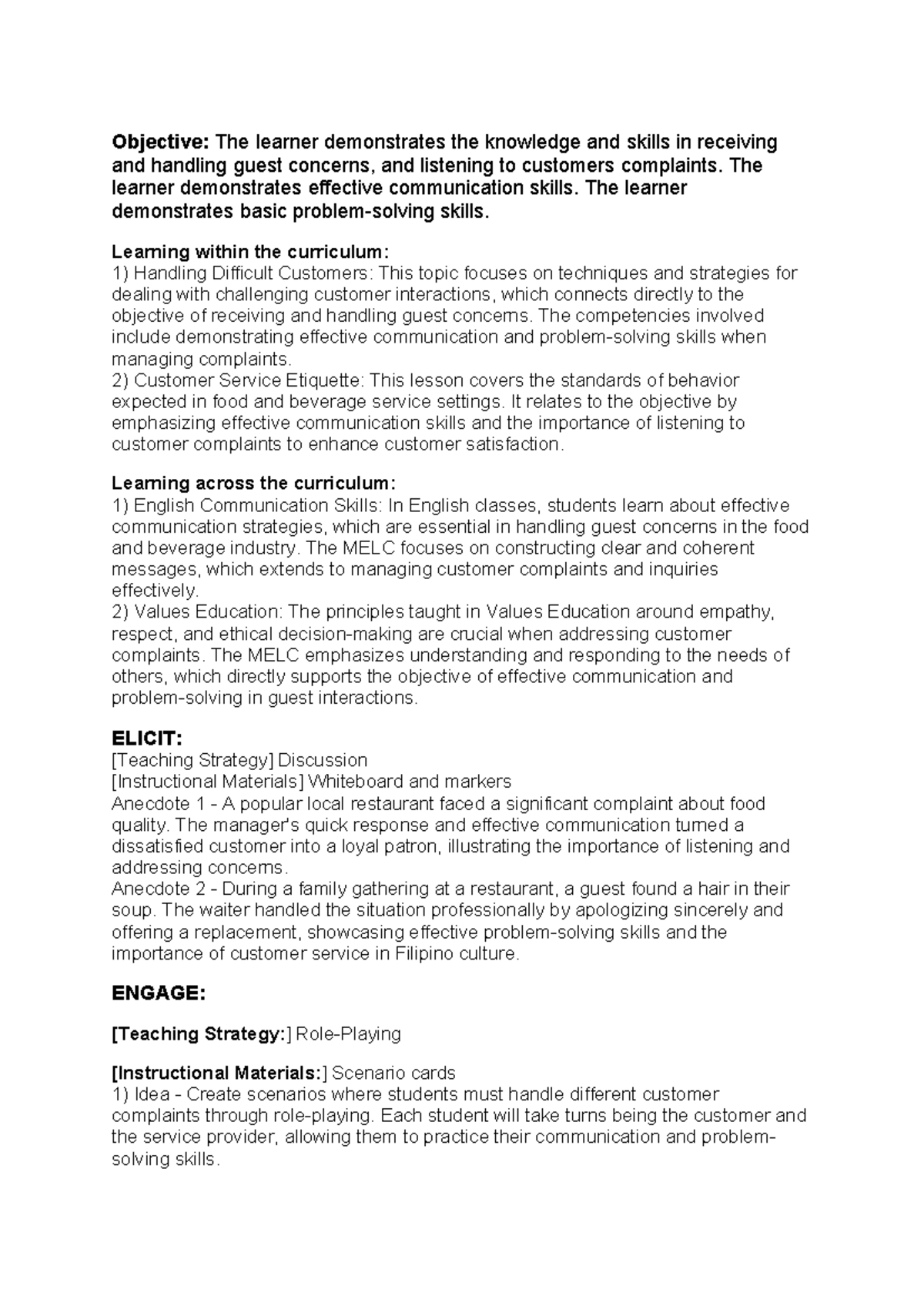 FBS 101: Lesson Plan on Handling Customer Complaints & Communication ...