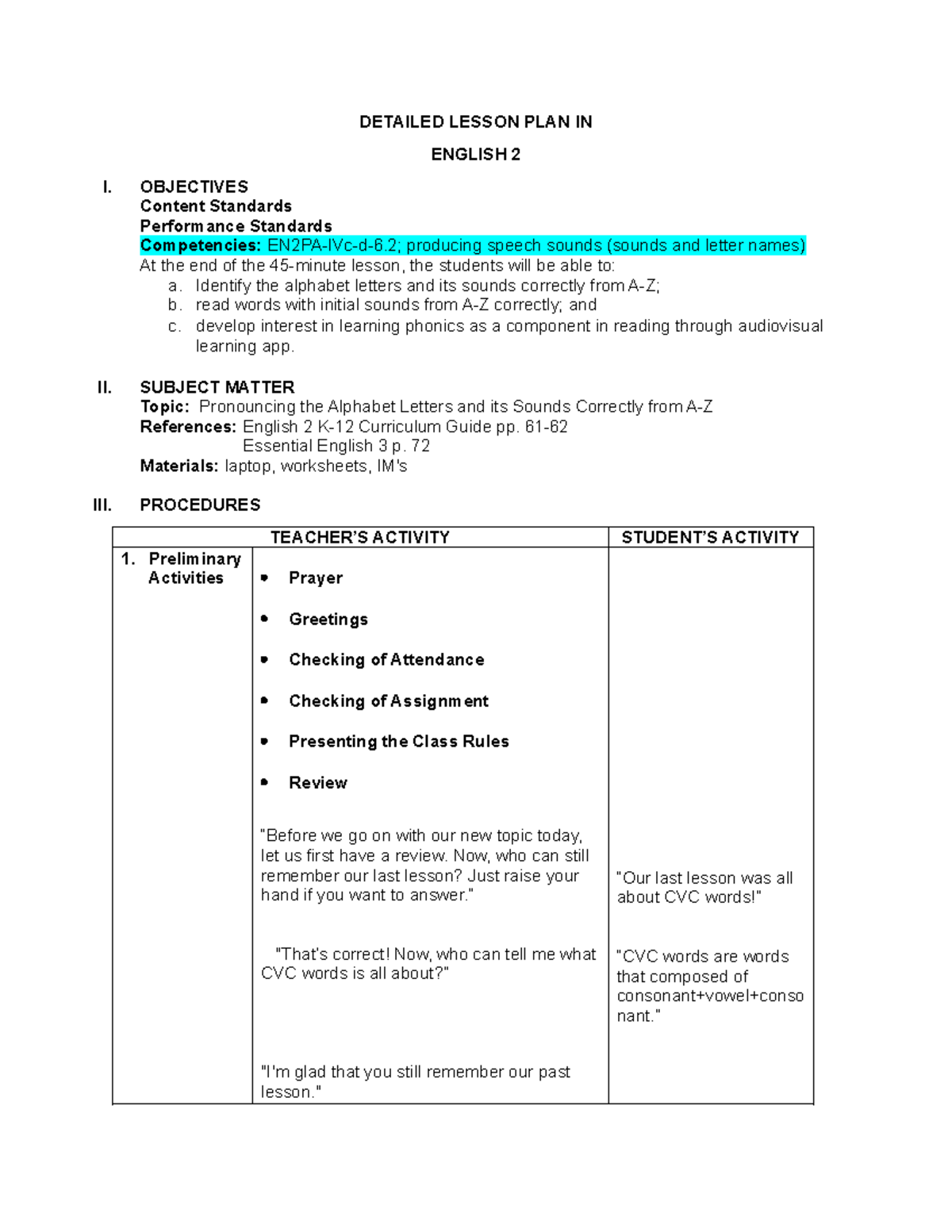 Detailed Lesson Plan: Pronouncing Alphabet Sounds - English 2 - Studocu