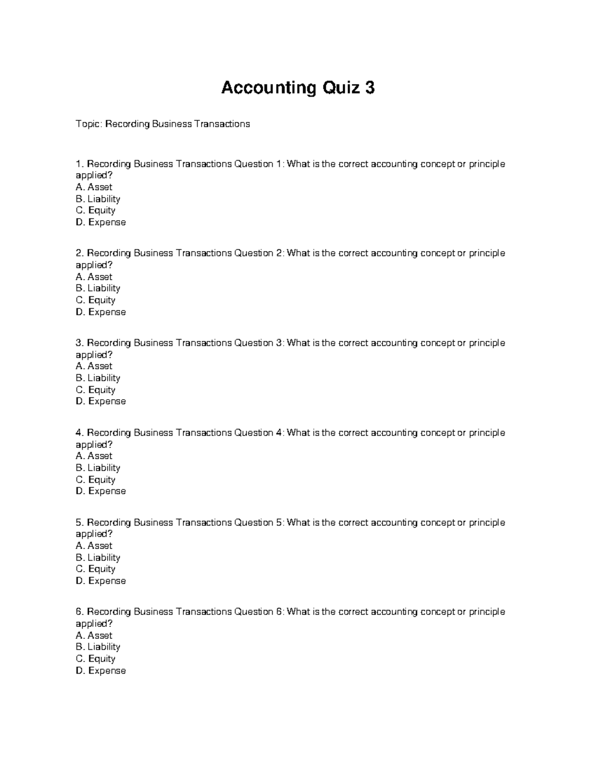 Accounting Quiz 3: Business Transactions Principles - Studocu