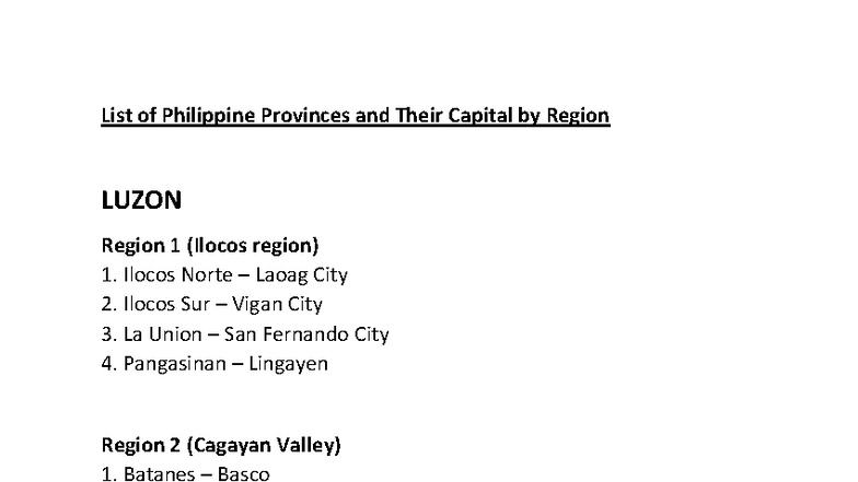 Philippine Provinces & Capitals by Region: A Comprehensive Guide - Studocu
