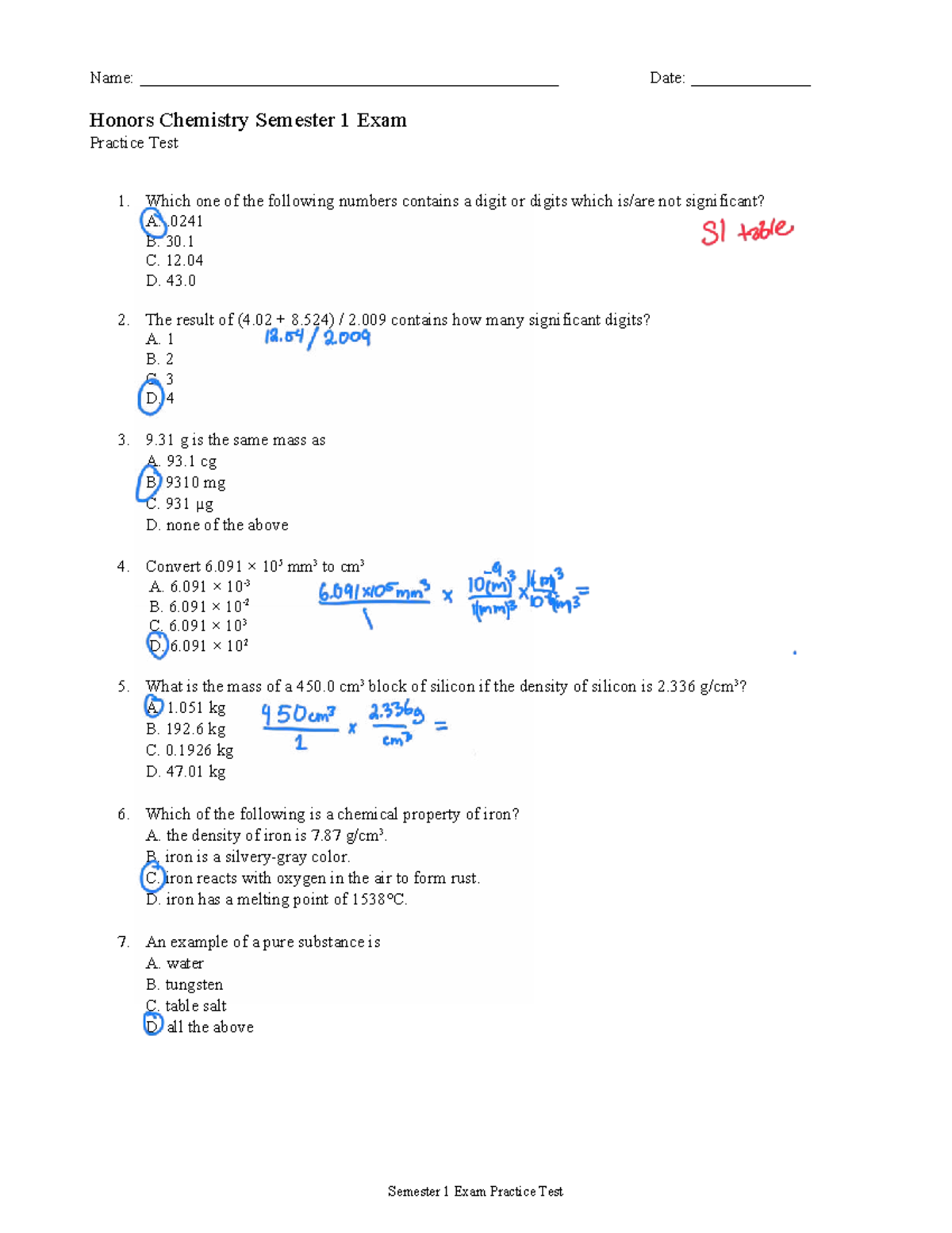 Honors Chemistry Semester 1 Exam Practice Test - Studocu