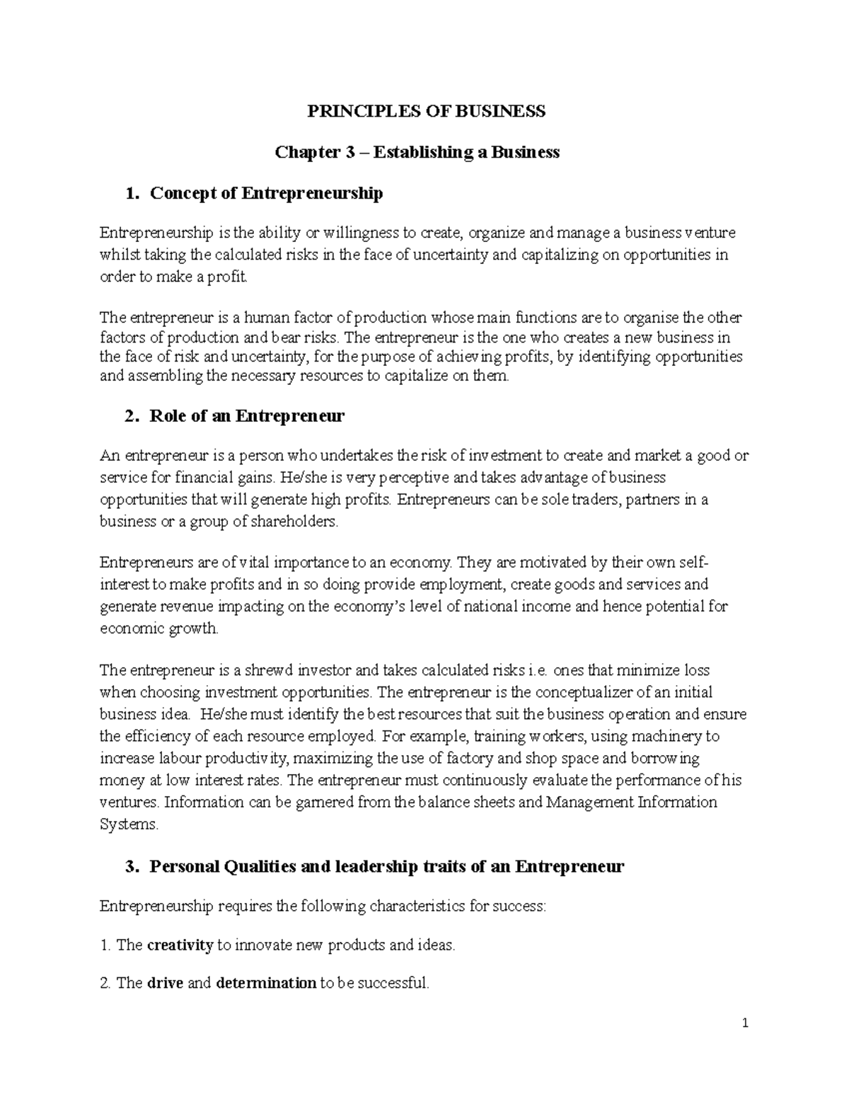 Chapter 3 - Establishing a Business - PRINCIPLES OF BUSINESS Chapter 3 ...